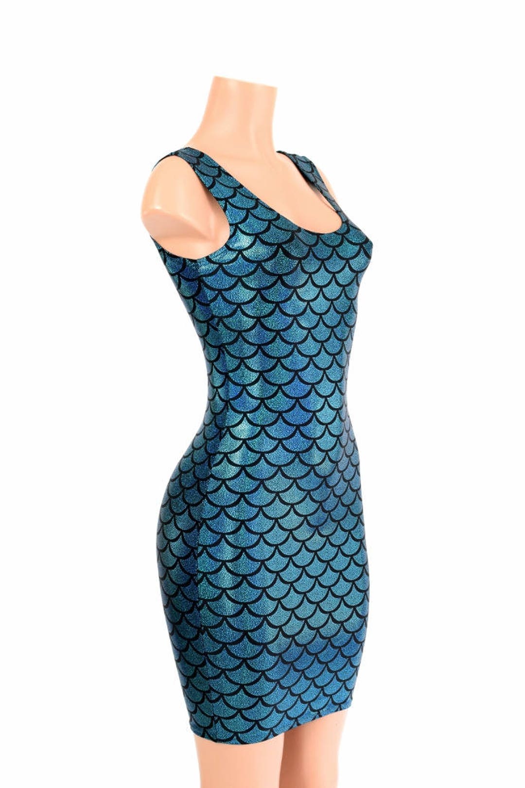 Turquoise Mermaid Scale Bodycon Clubwear Dress With Tank Style Neckline ...