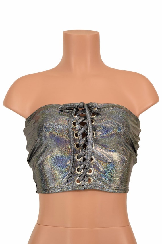 Silver Holographic Lace up Strapless Style Crop Top Sleeveless | Etsy
