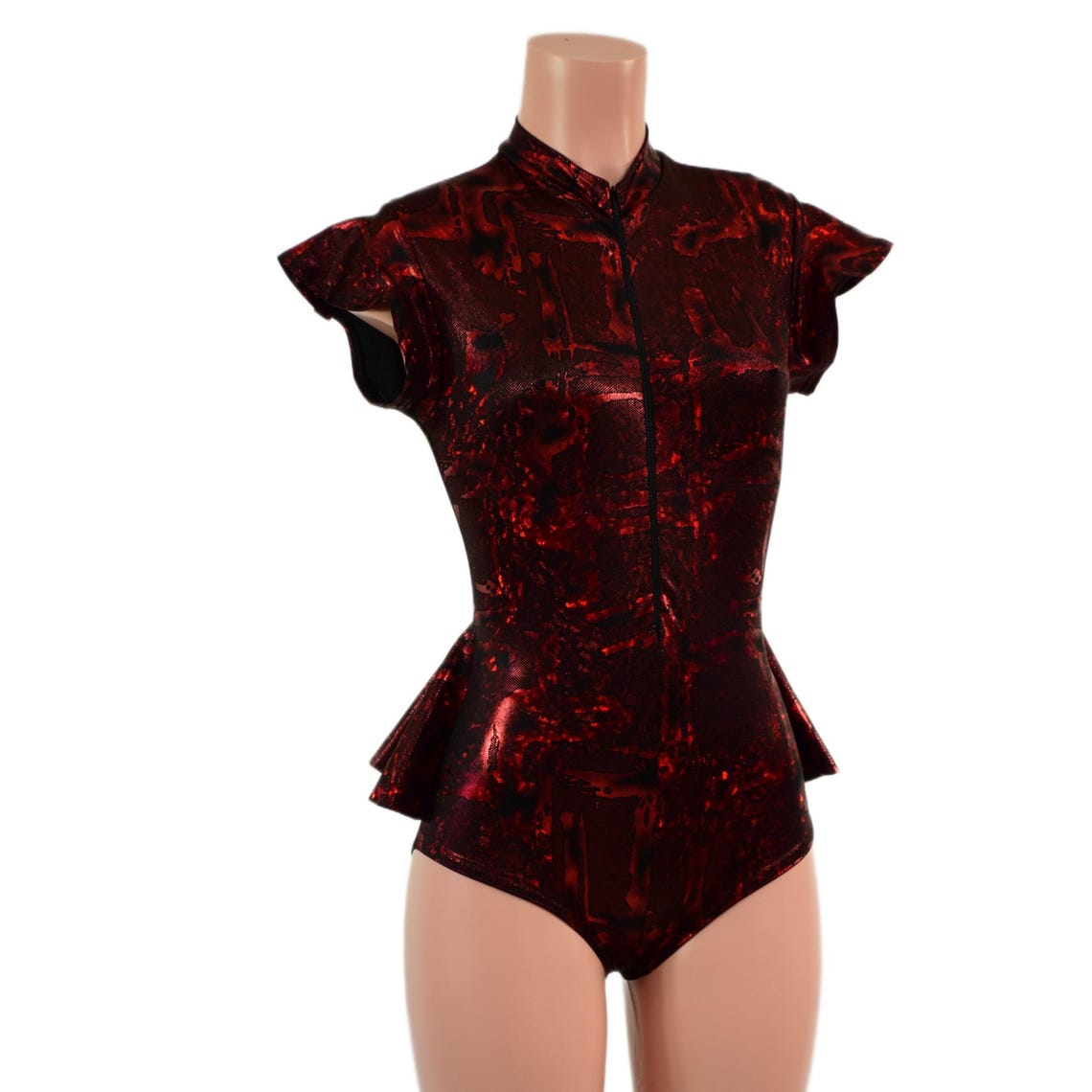 Primeval Red Holographic Zipper Front Ruffle Rump "stella" Short Collar ...