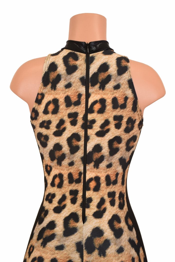 Leopard Print Zipper Back Catsuit With Black Mesh Side Panels and Black ...