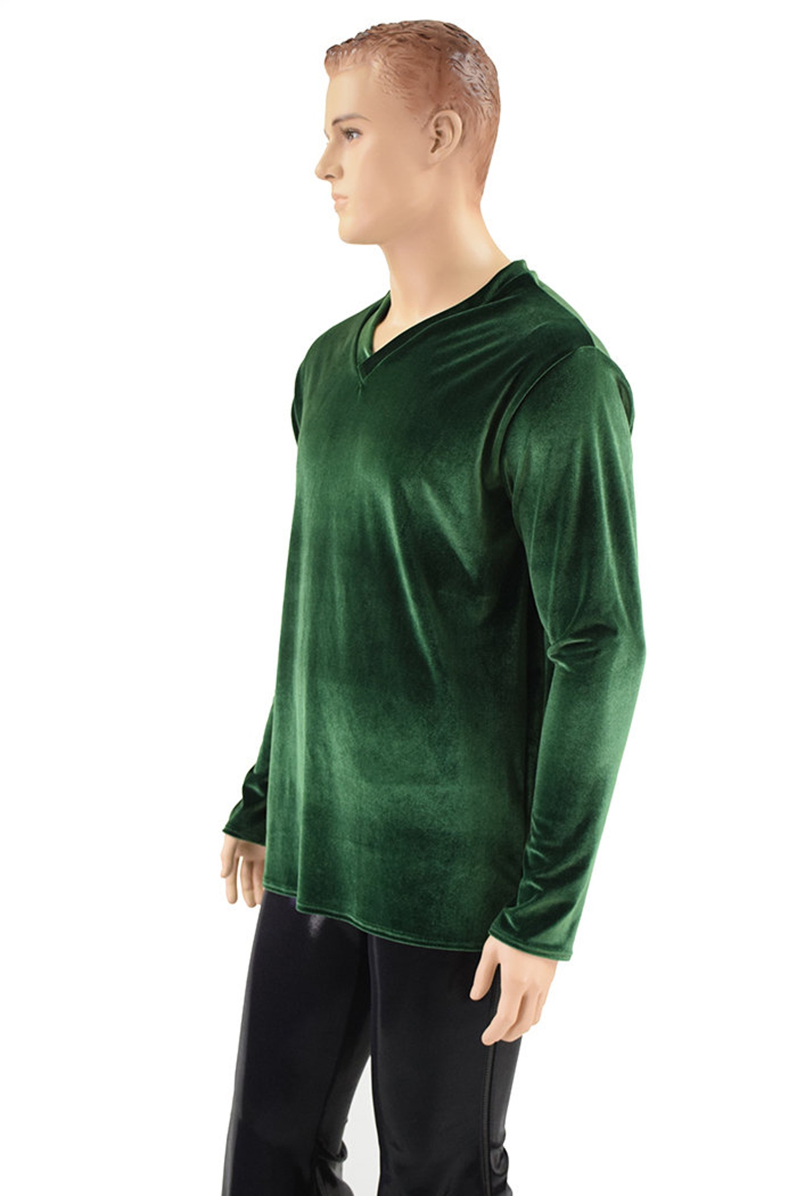 Mens Forest Green Velvet Long Sleeve V Neck Shirt Rave - Etsy