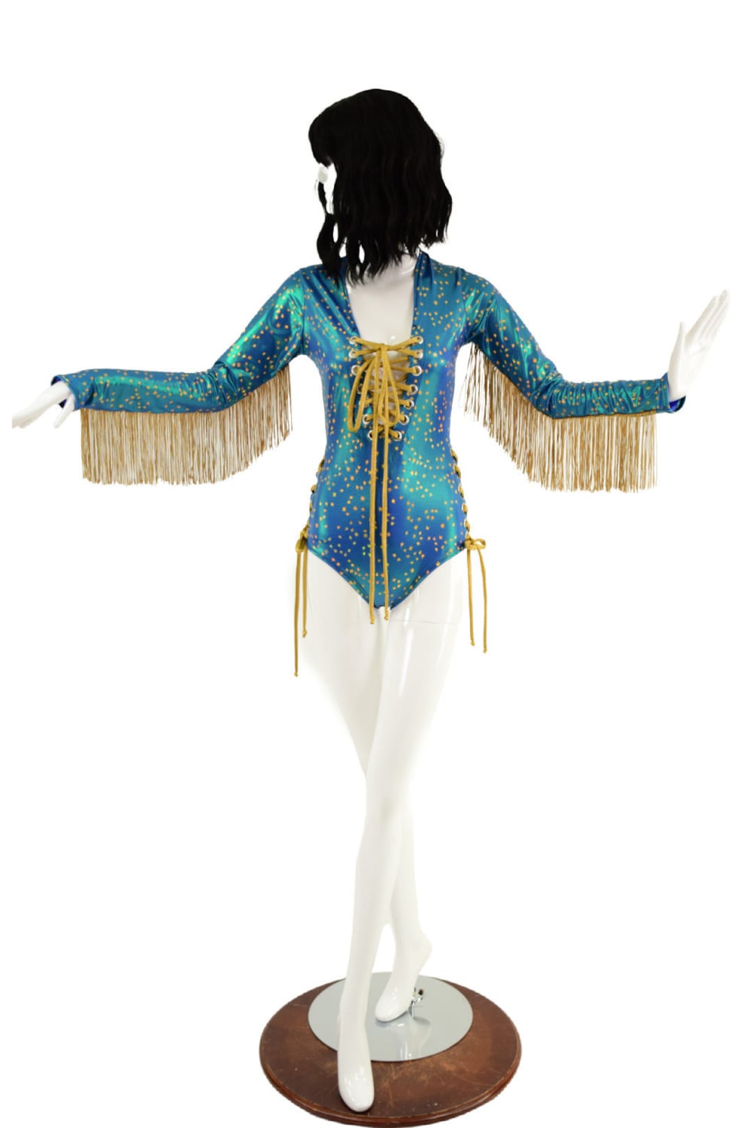 Stardust Long Sleeve Plunging V Neck Siren Romper With Gold SJ Lace up ...