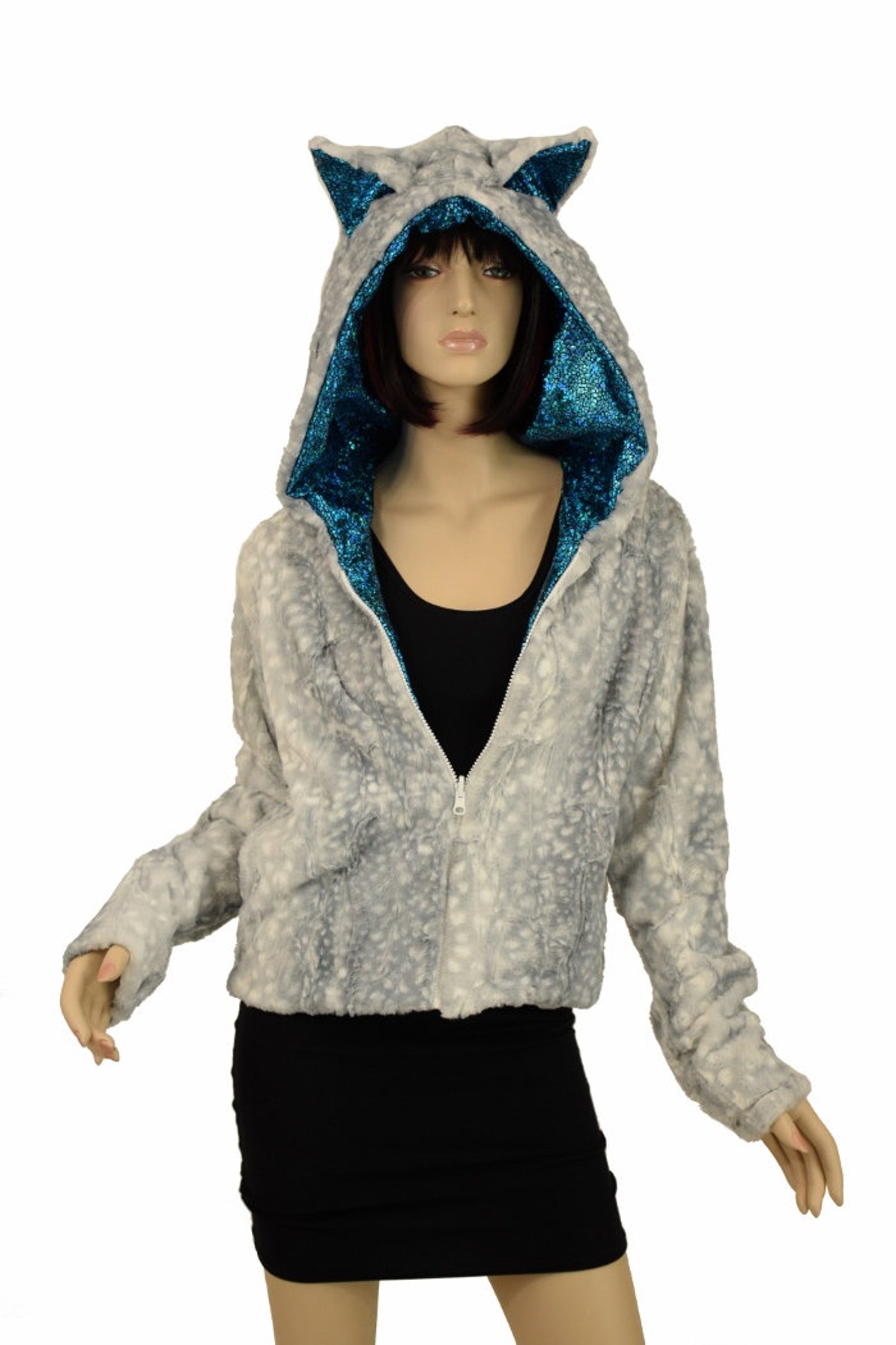 Zipper Front Silver Fawn Minky Faux Fur Short Jacket W/cat Ears ...