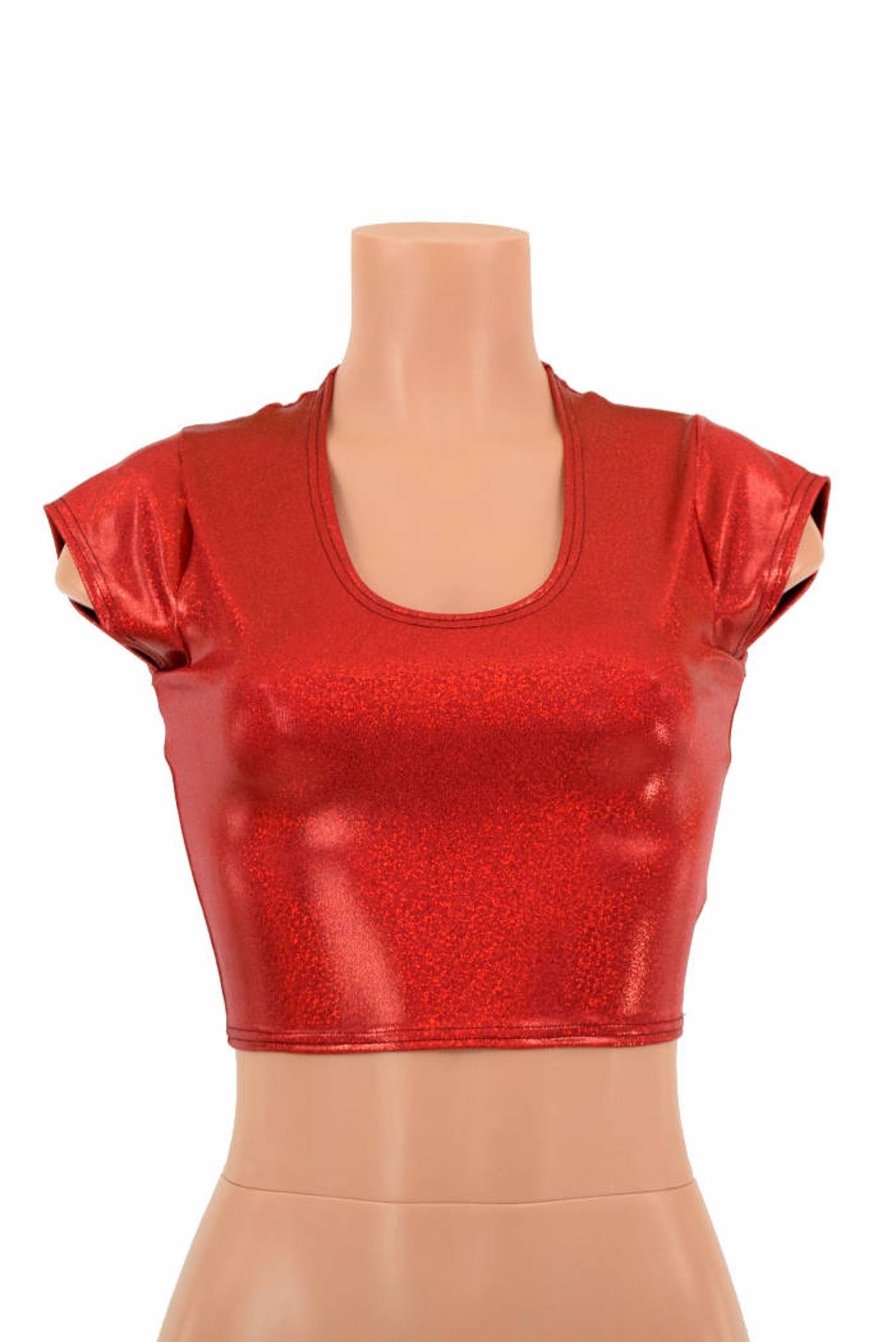 Red Metallic Crop Top With Cap Sleeves and Scoop Neckline - Etsy