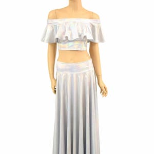2PC Flashbulb Holographic off Shoulder Crop Top With Long Maxi Skirt ...