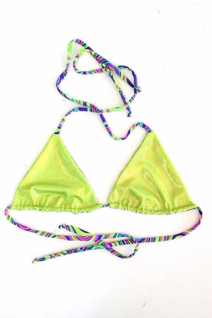 Reversible Triangle Slide Bikini Top in Glow Worm & Lime Holographic W ...