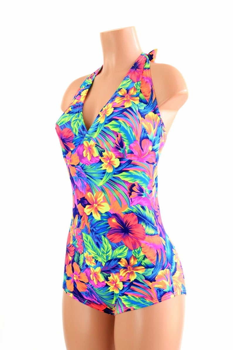 UV Glow Tahitian Floral monroe Halter Romper Rave - Etsy