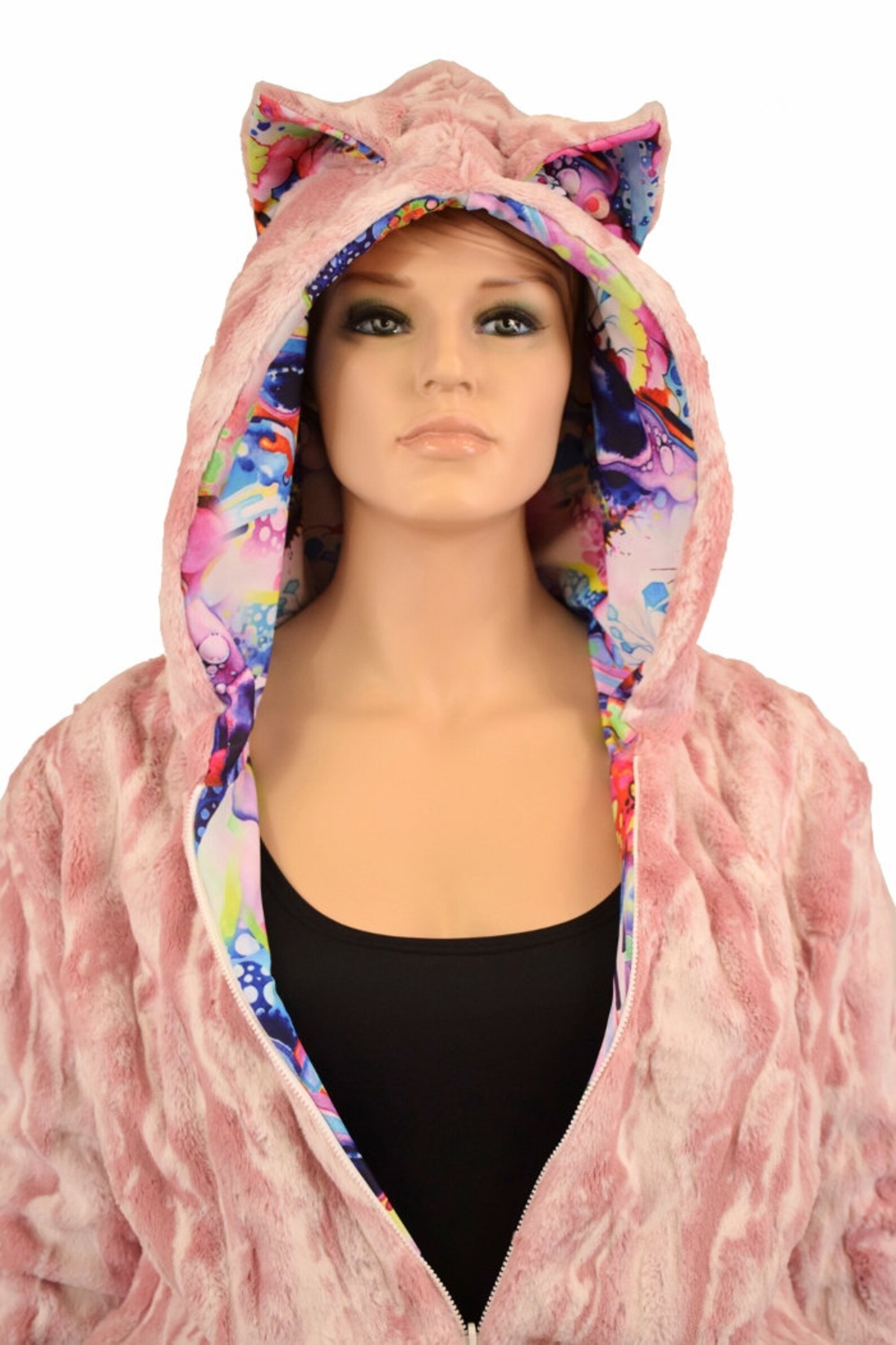 Rosewater Minky Faux Fur Long Jacket With Kitty Ears Lined in UV GLOW ...