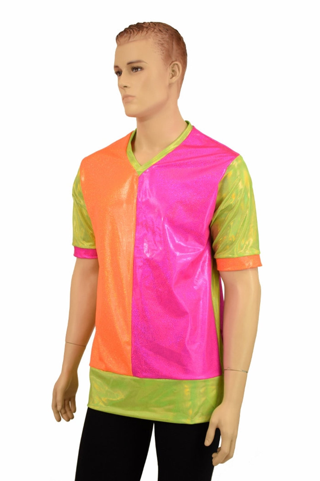 Mens NEON UV GLOW Intense Color Block Shirt Top With Short Sleeves in ...