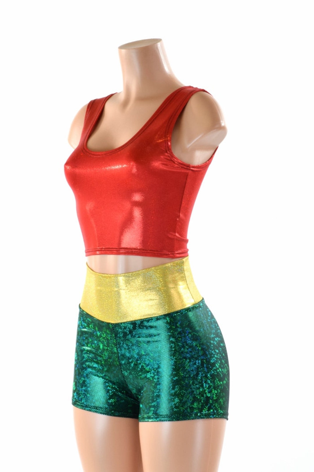 2PC Red Metallic Tank Top, Green Kaleidoscope High Waist Booty Shorts W ...