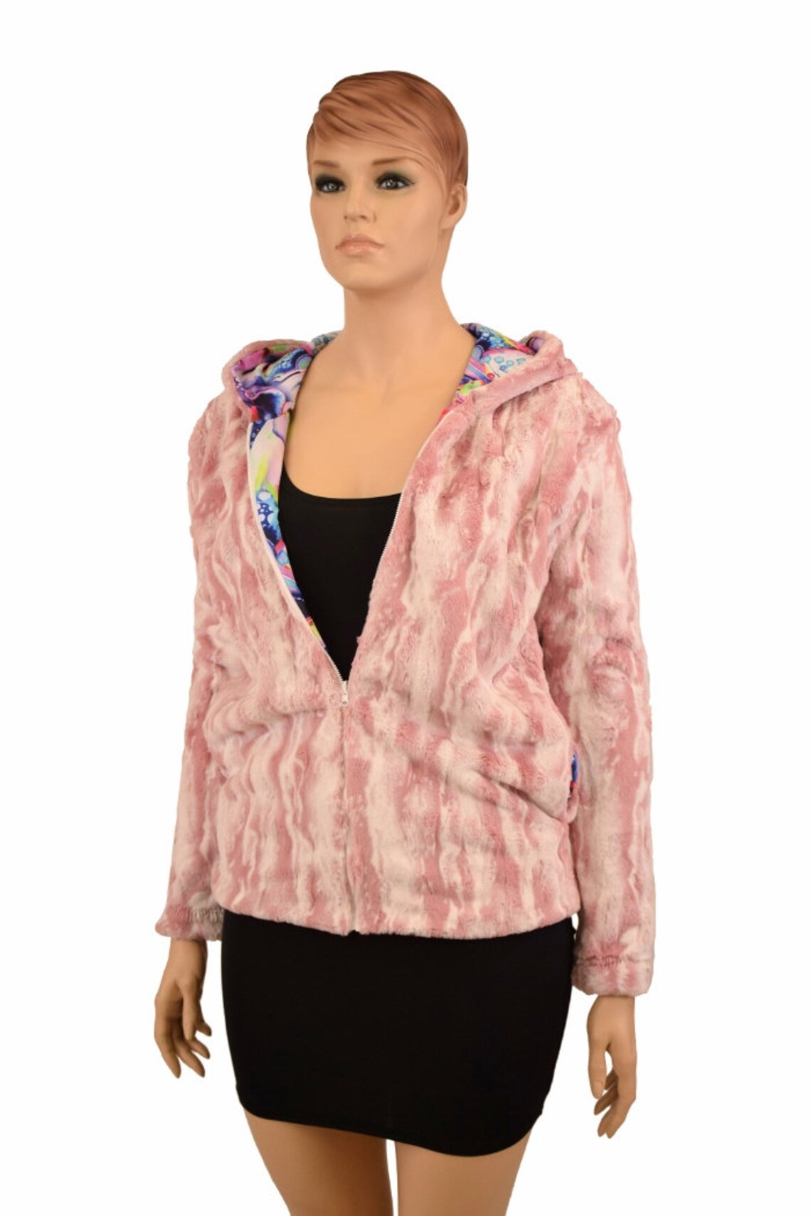 Rosewater Minky Faux Fur Long Jacket With Kitty Ears Lined in UV GLOW ...