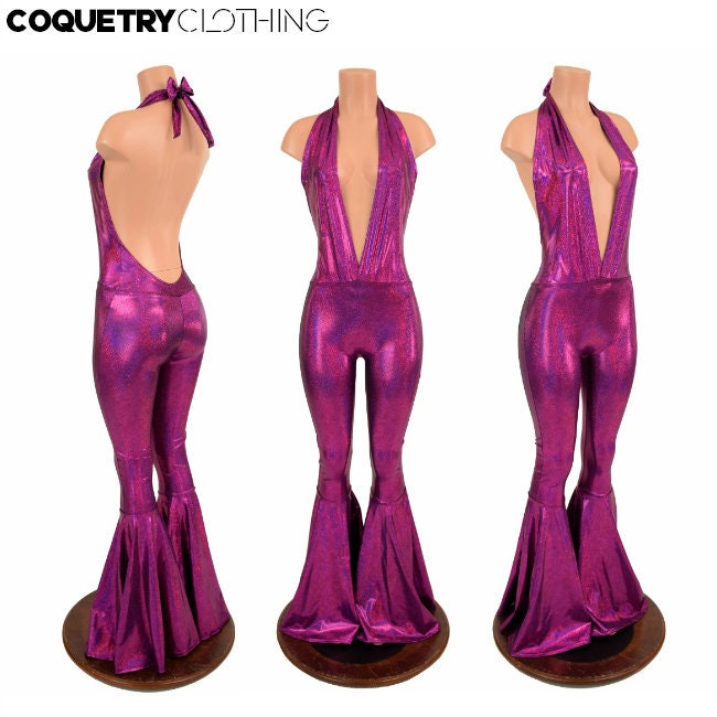 Fuchsia Sparkly Jewel "josie" Halter Catsuit With Bell Bottom Flares ...