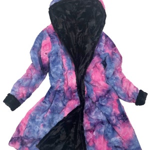Reversible Minky A Line Coat in Black Minky Faux Fur and Razzle Dazzle ...
