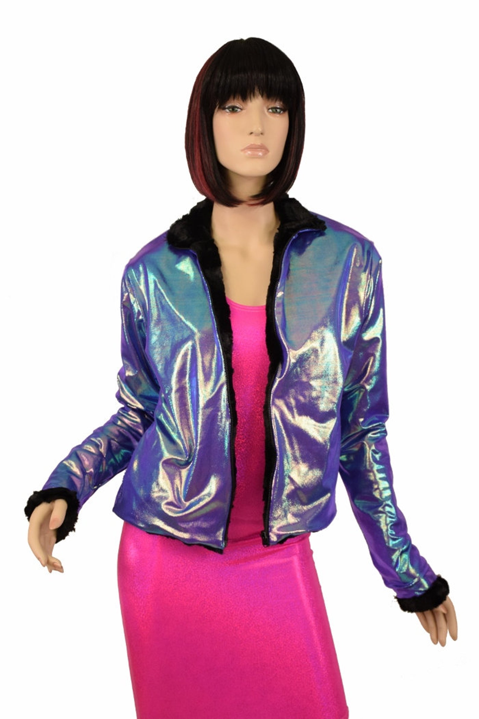 Reversible Black Minky Faux Fur Short Hoodless Jacket With Moonstone ...