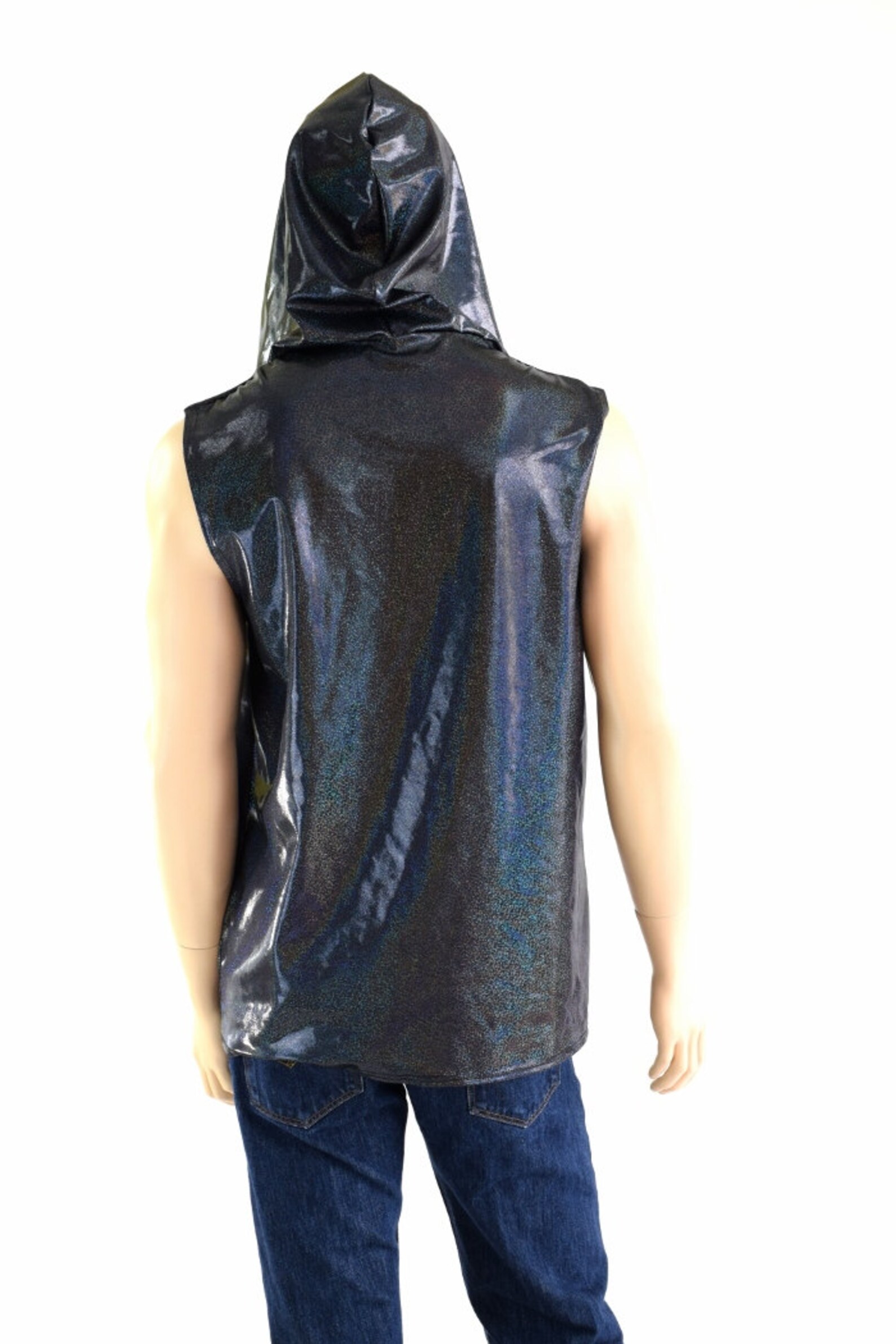 Mens Black Holographic Hoodie Sleeveless Top Rave or Festival Shirt W ...