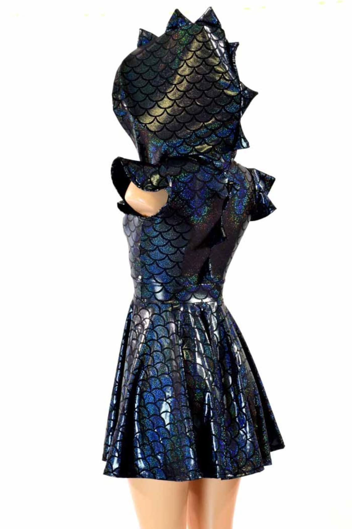 Black Spiked Dragon Scale Hoodie DRESS With Self Lined Flip Sleeves ...