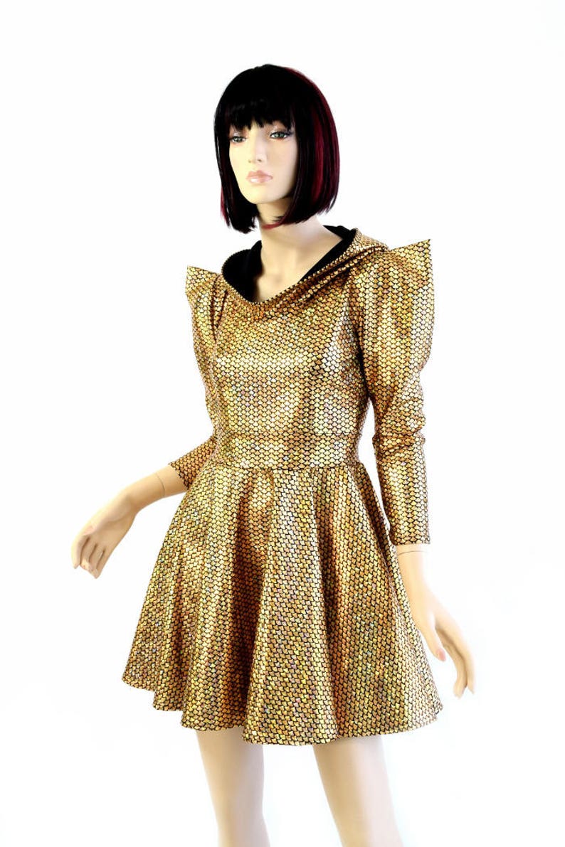 Gold Fish Scale Sharp Shoulder 3/4 Sleeve Hooded Fit and Flare - Etsy