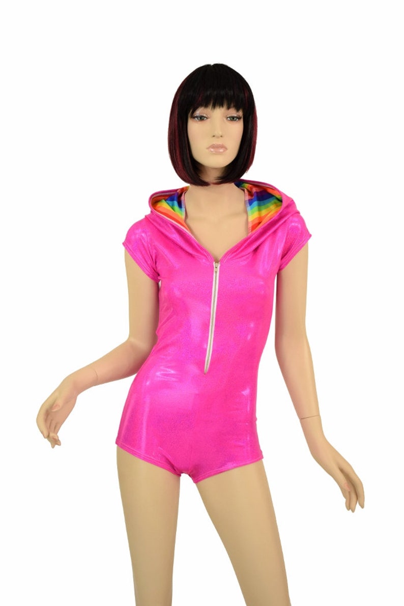 UV Glow Pink Sparkly Jewel Zipper Front Cap Sleeve DRAGON Hoodie Romper ...