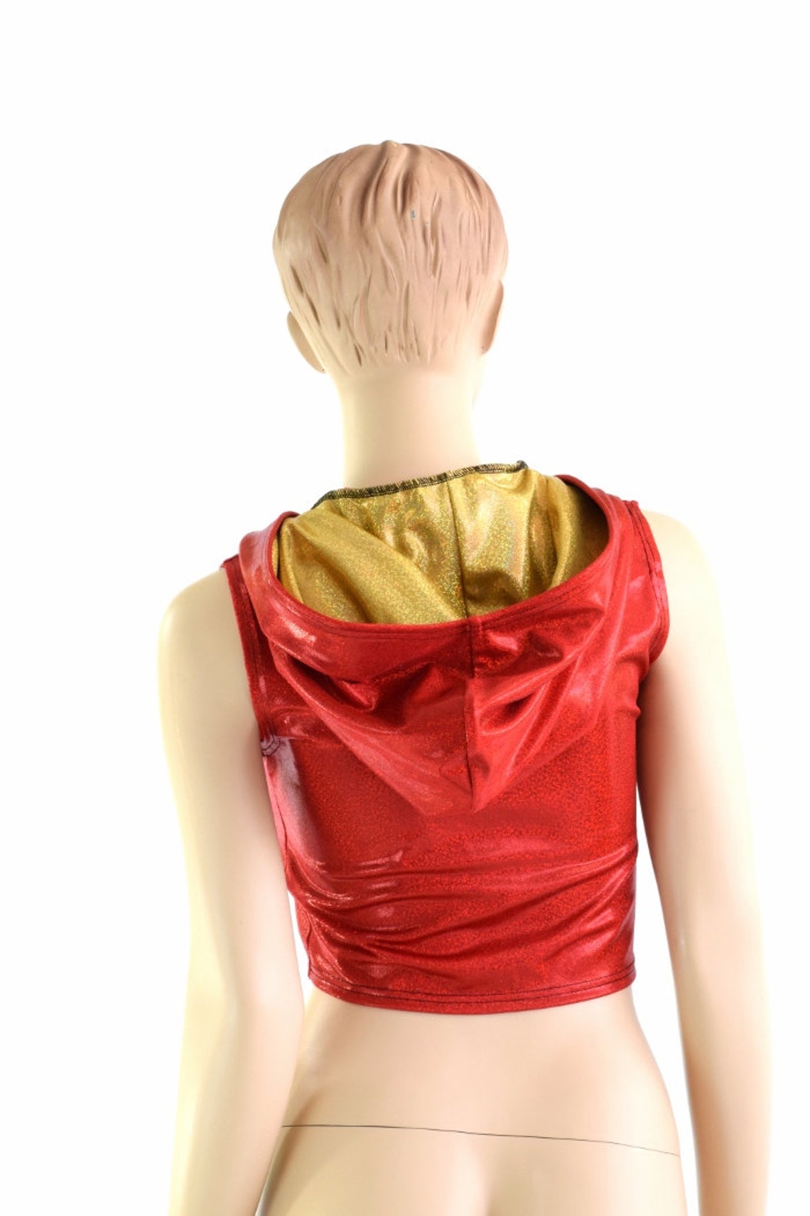 Red Sparkly Jewel Holographic Sleeveless Crop Hoodie With Gold Sparkly ...