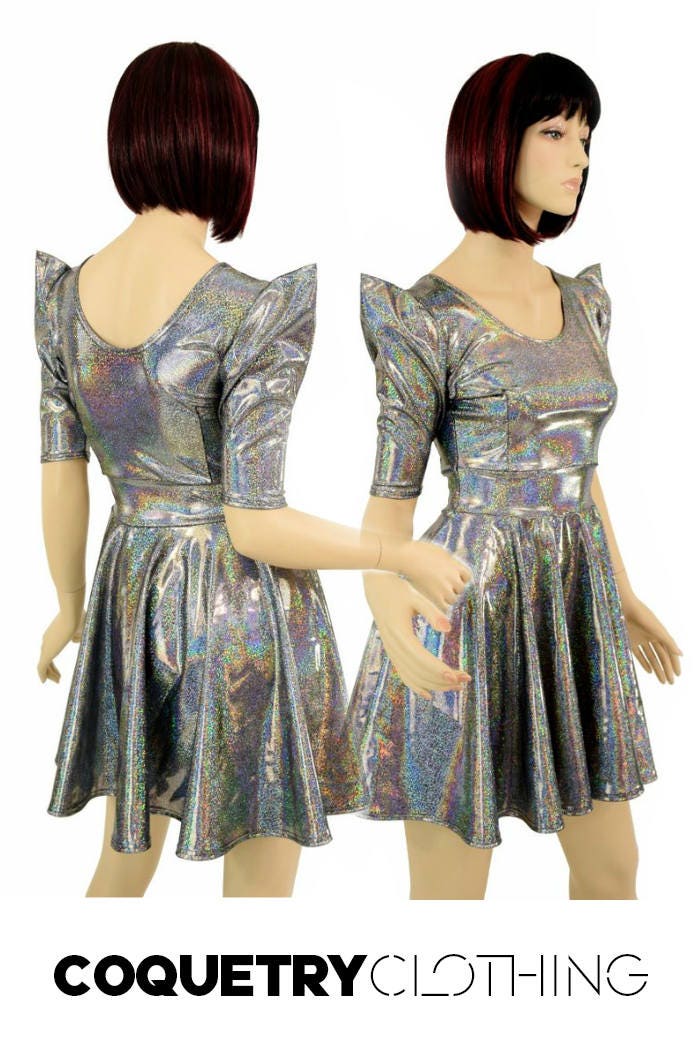 Silver Holographic Sharp Shoulder Skater Dress 7945 | Etsy