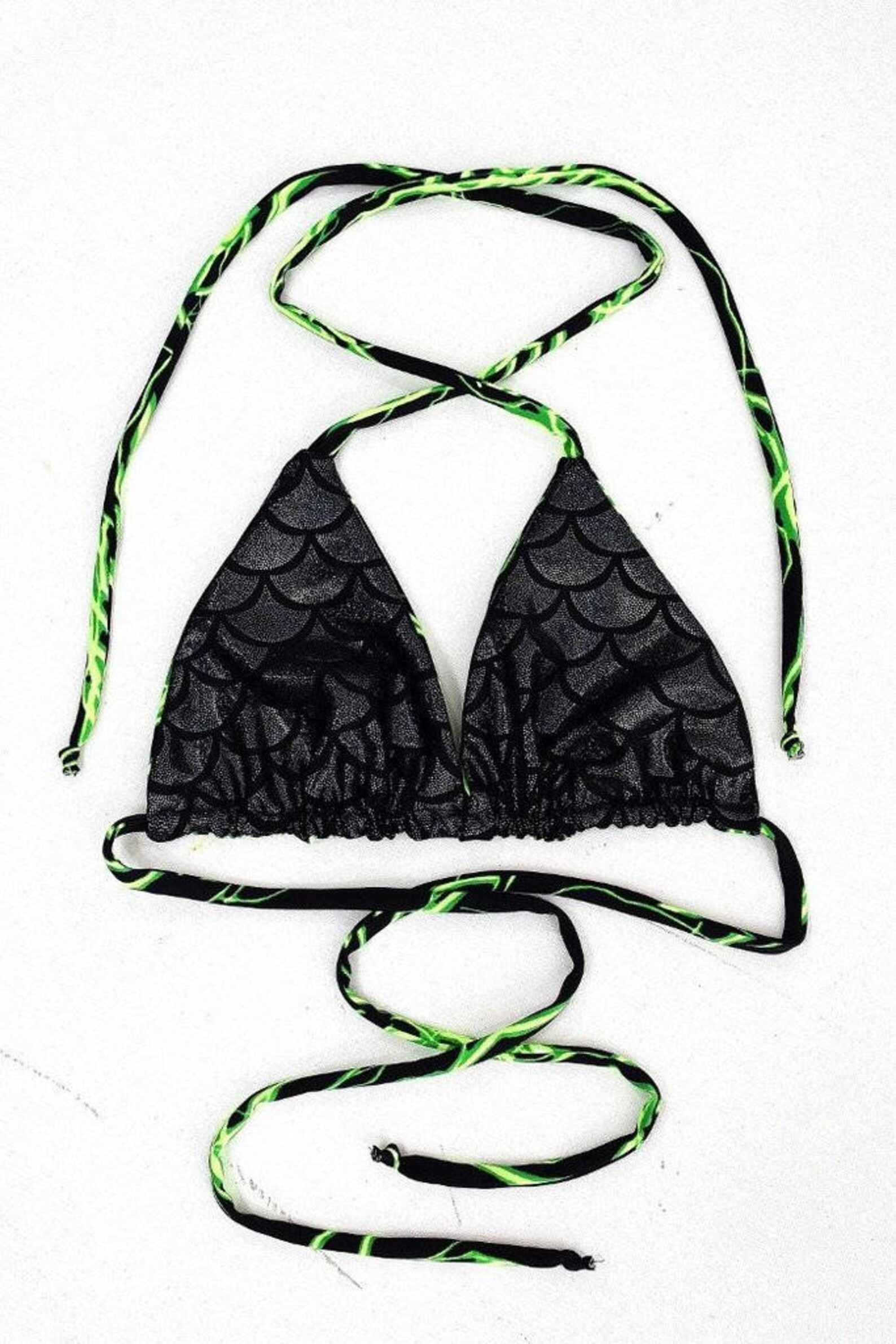 Reversible Triangle Slide Bikini Top in Green Lightning & Black Dragon ...