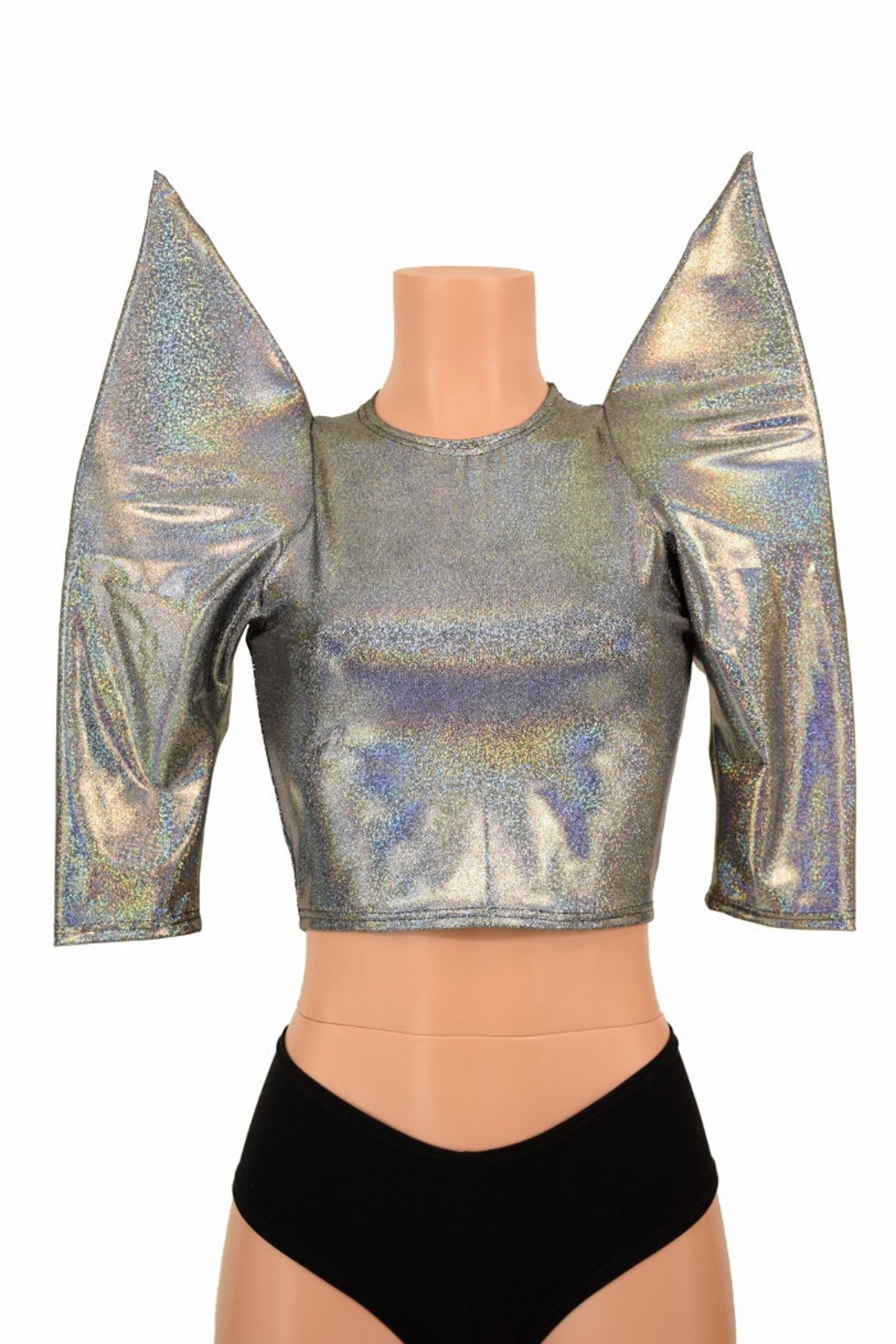 Silver Holographic MEGA Sharp Shoulder Half Sleeve Crew Neck Crop Top ...