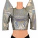 Silver Holographic MEGA Sharp Shoulder Half Sleeve Crew Neck Crop Top ...