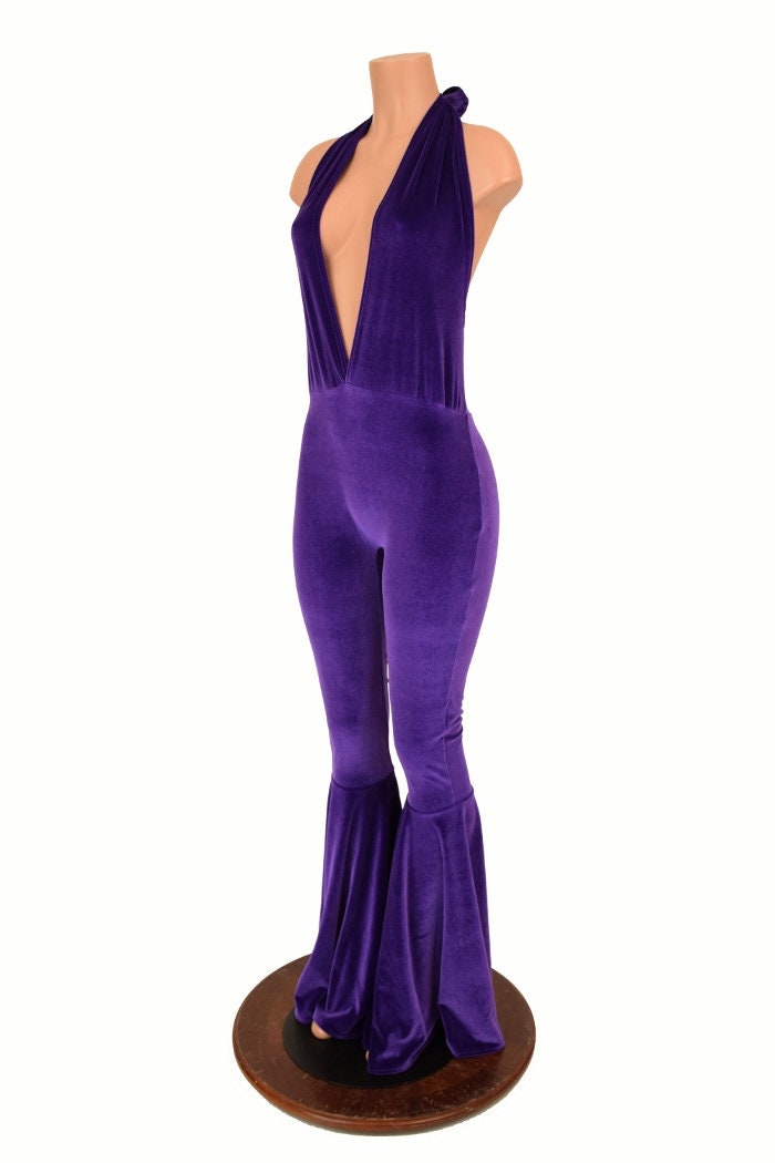 Purple Velvet "josie" Halter Catsuit With Bell Bottom Flares - - Etsy