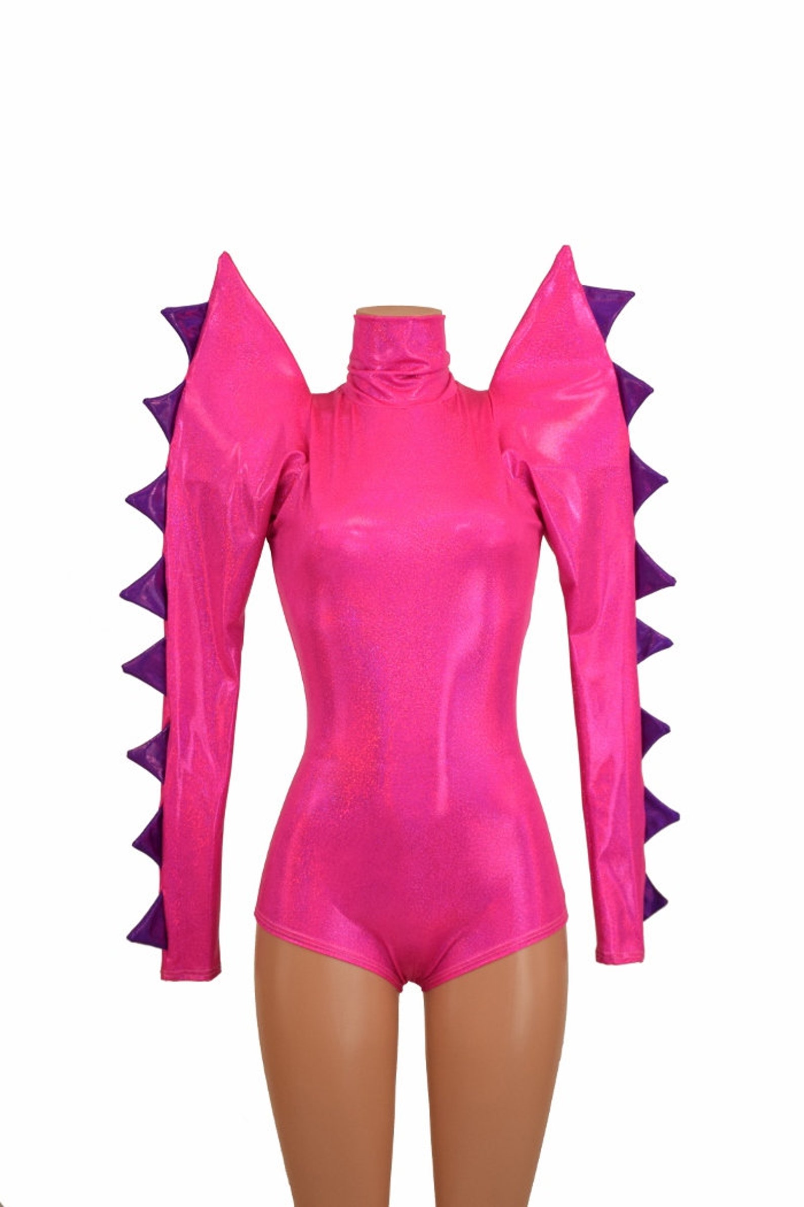 Neon Pink Holo Romper With Turtleneck, Back Zipper, Mega Sharp Shoulder ...