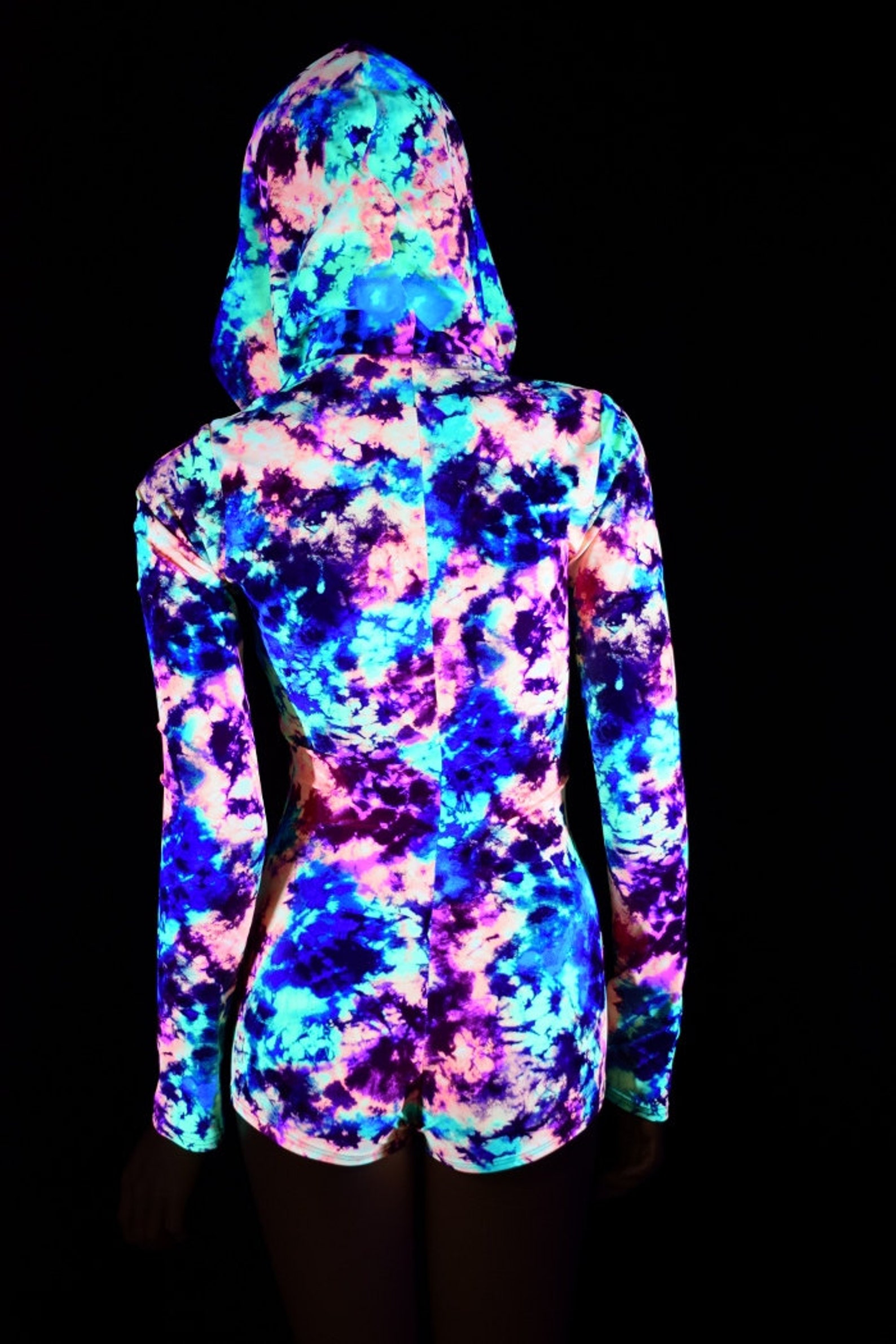 Neon UV Glow Acid Splash Print Long Sleeve Hoodie Romper With Lime ...