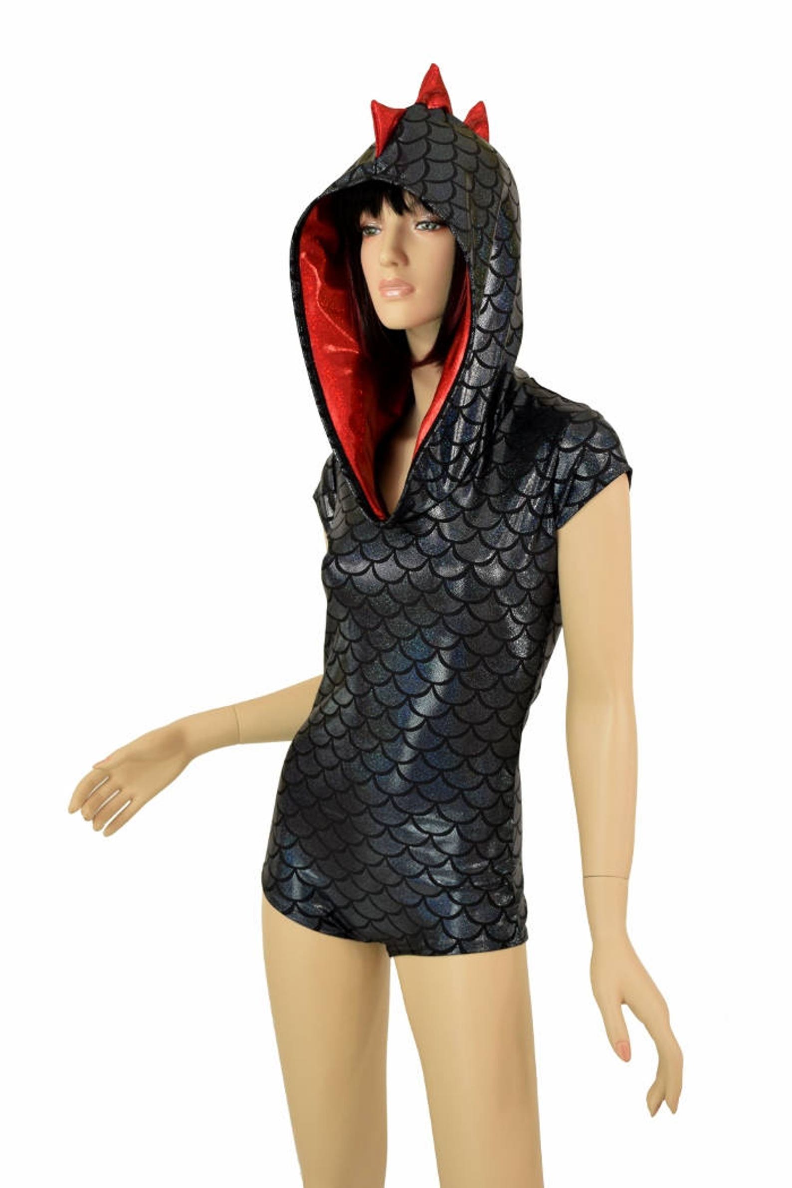 Black Dragon Scale Cap Sleeve Hoodie Romper With Red - Etsy