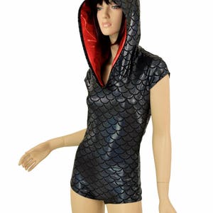 Black Dragon Scale Cap Sleeve Hoodie Romper With Red Holographic Spikes ...