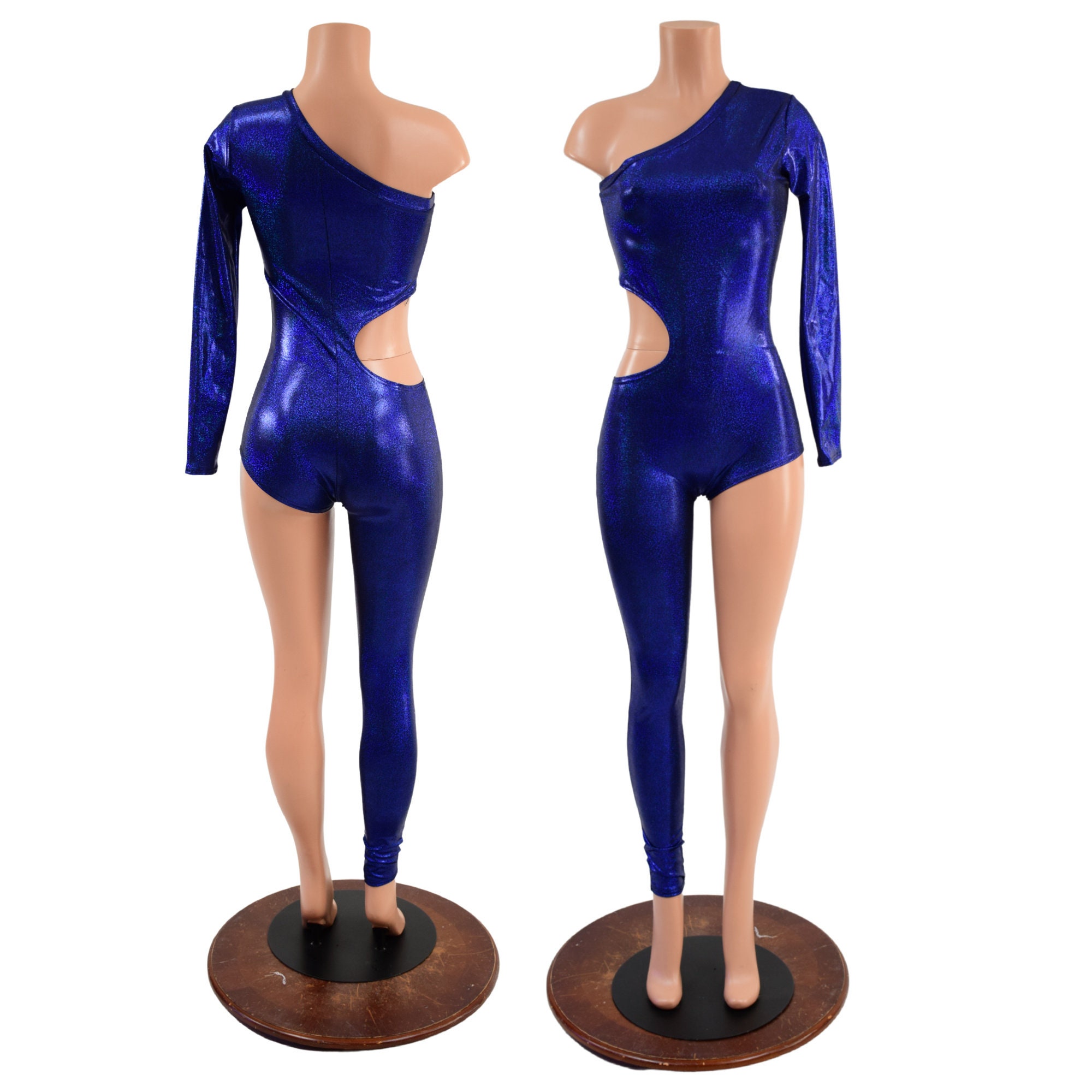 Blue Sparkly Jewel Asymmetrical Catsuit With Boy Cut Leg and Waist ...