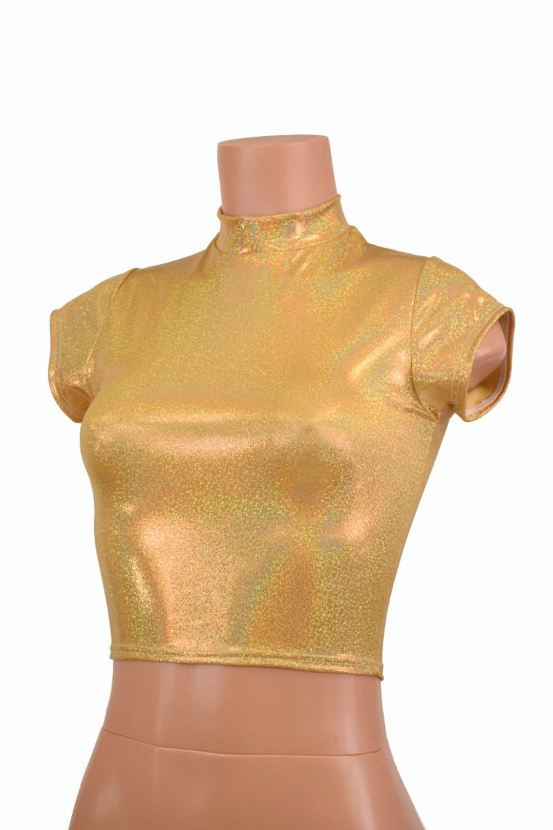 Gold Sparkly Jewel Cap Sleeve Crop Top avec col court 156822 - Etsy France