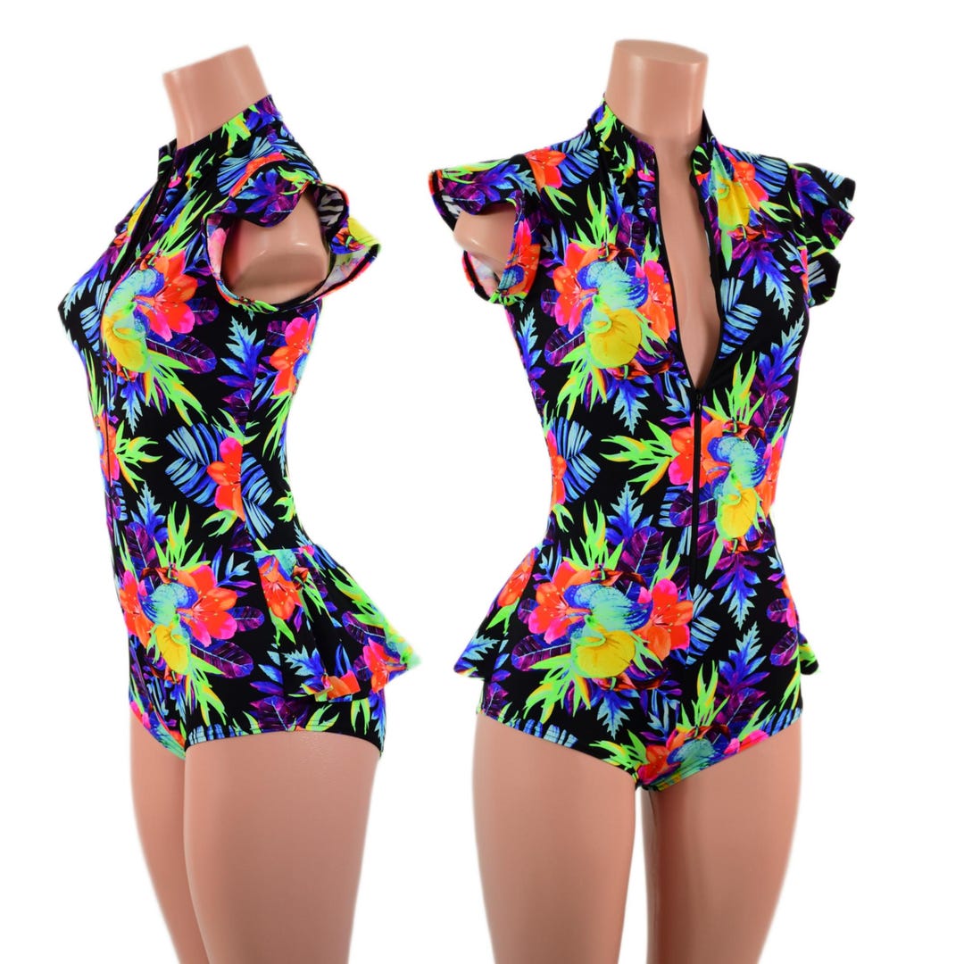 Neon Sonic Bloom Zipper Front Ruffle Rump Stella Collar Romper With ...