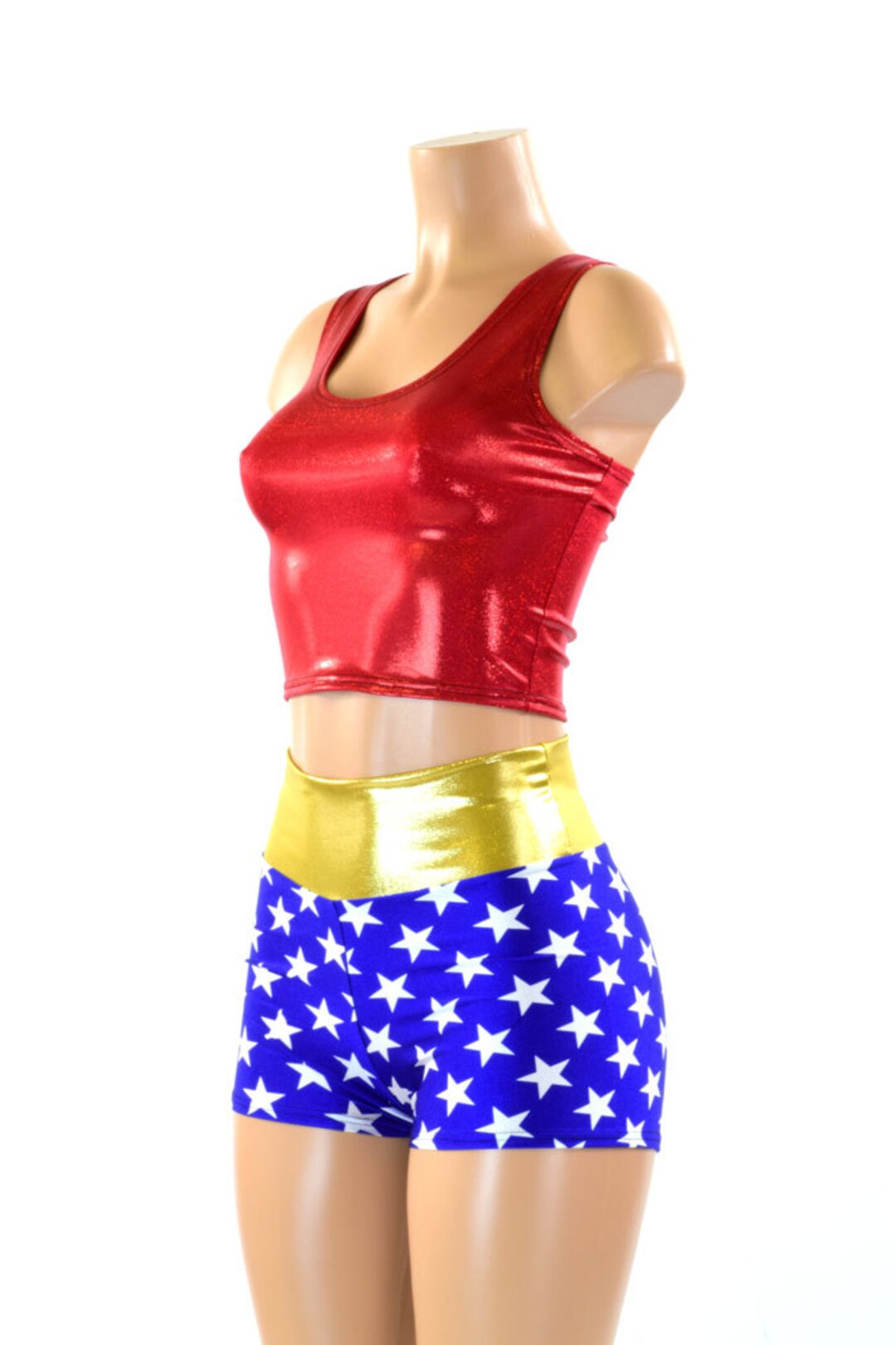 2PC Red Metallic Tank Top, Blue & White Star Print High Waist Booty ...