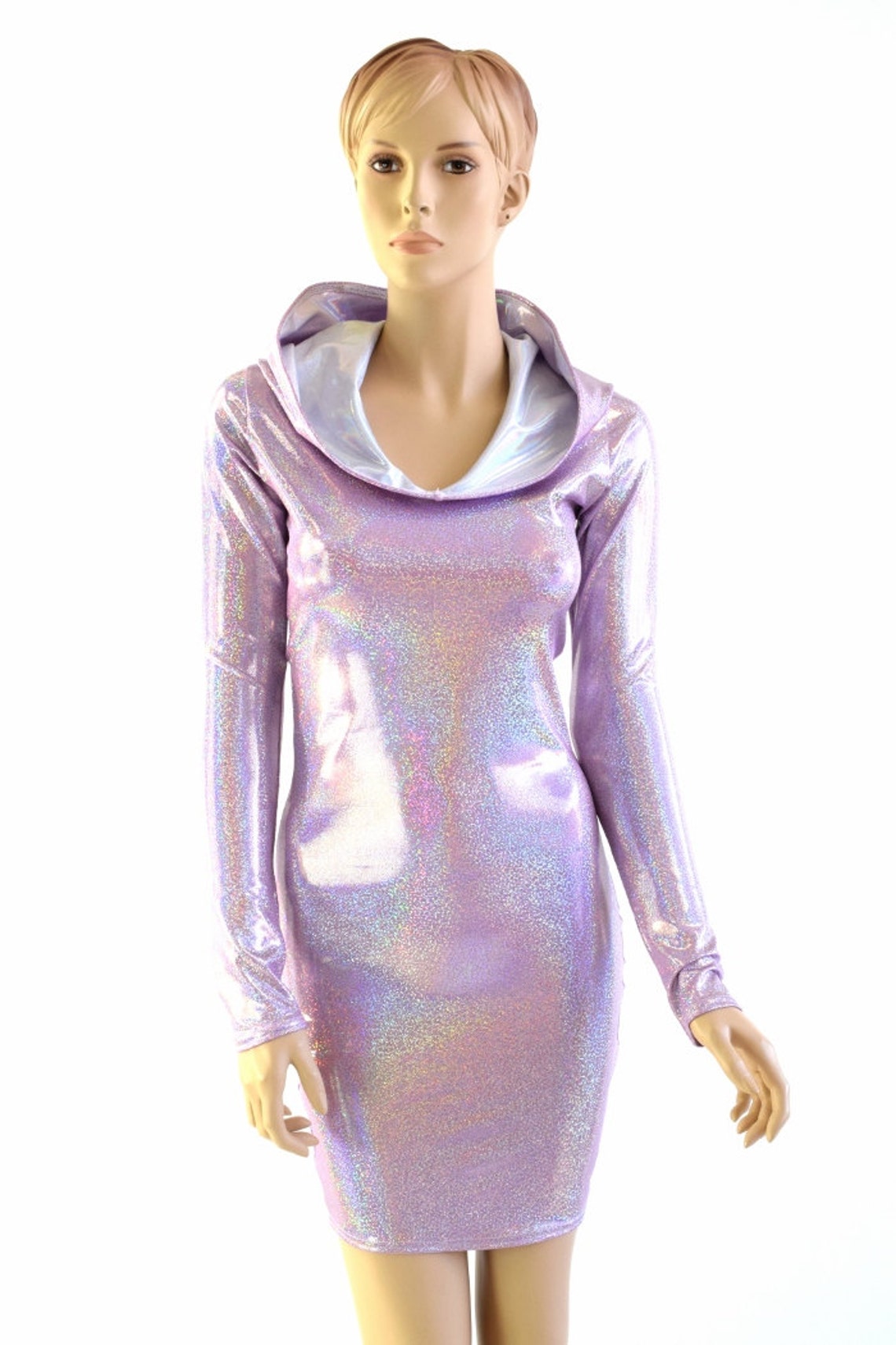 Pastel Lilac Holographic Long Sleeve Hoodie Bodycon Dress With ...
