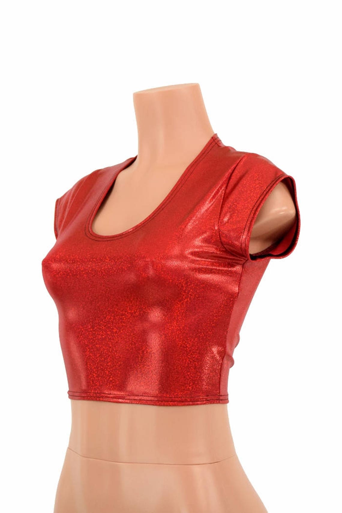 Red Metallic Crop Top With Cap Sleeves and Scoop Neckline 150055 - Etsy