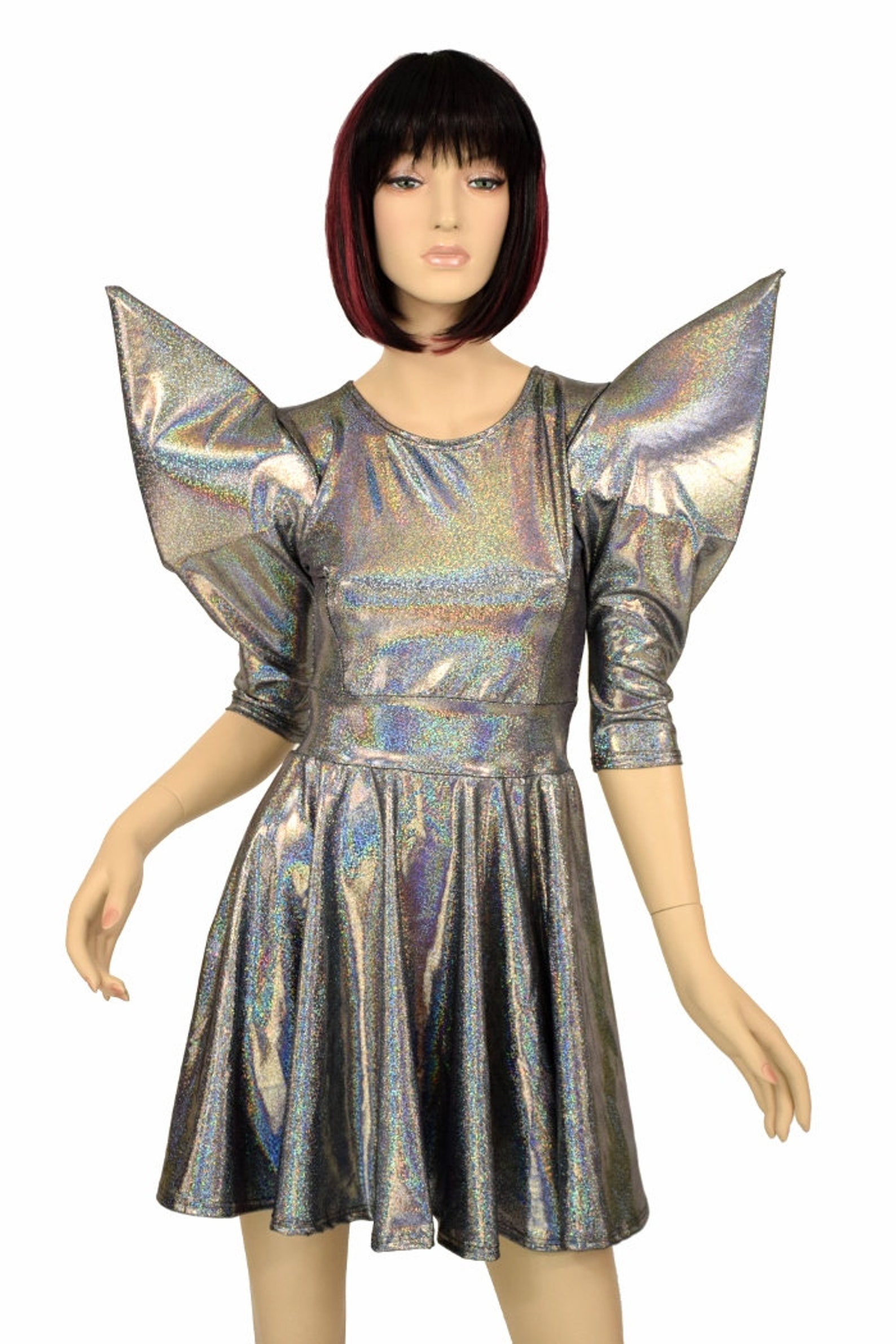 Mega Huge Sharp Shoulder Crew Neck Skater Dress in Silver Holographic ...
