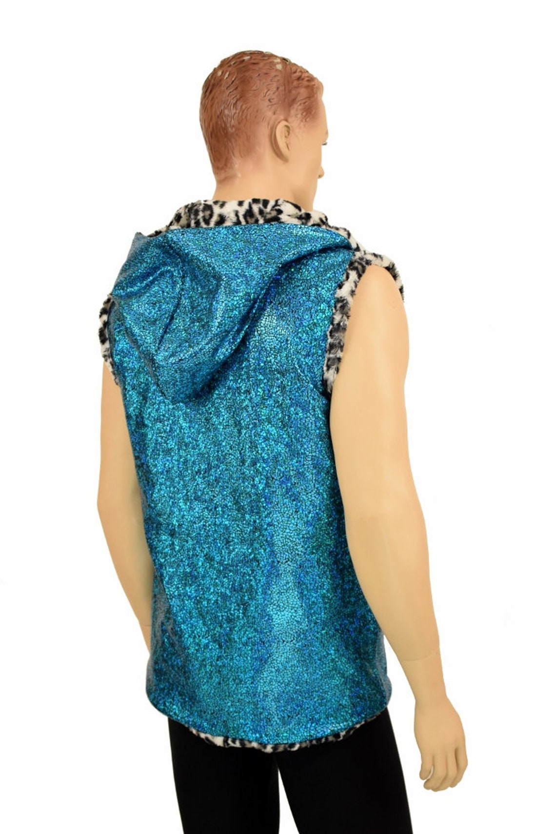 Mens Zipper Front Hooded Reversible Vest in Minky Snow Leopard Faux Fur ...