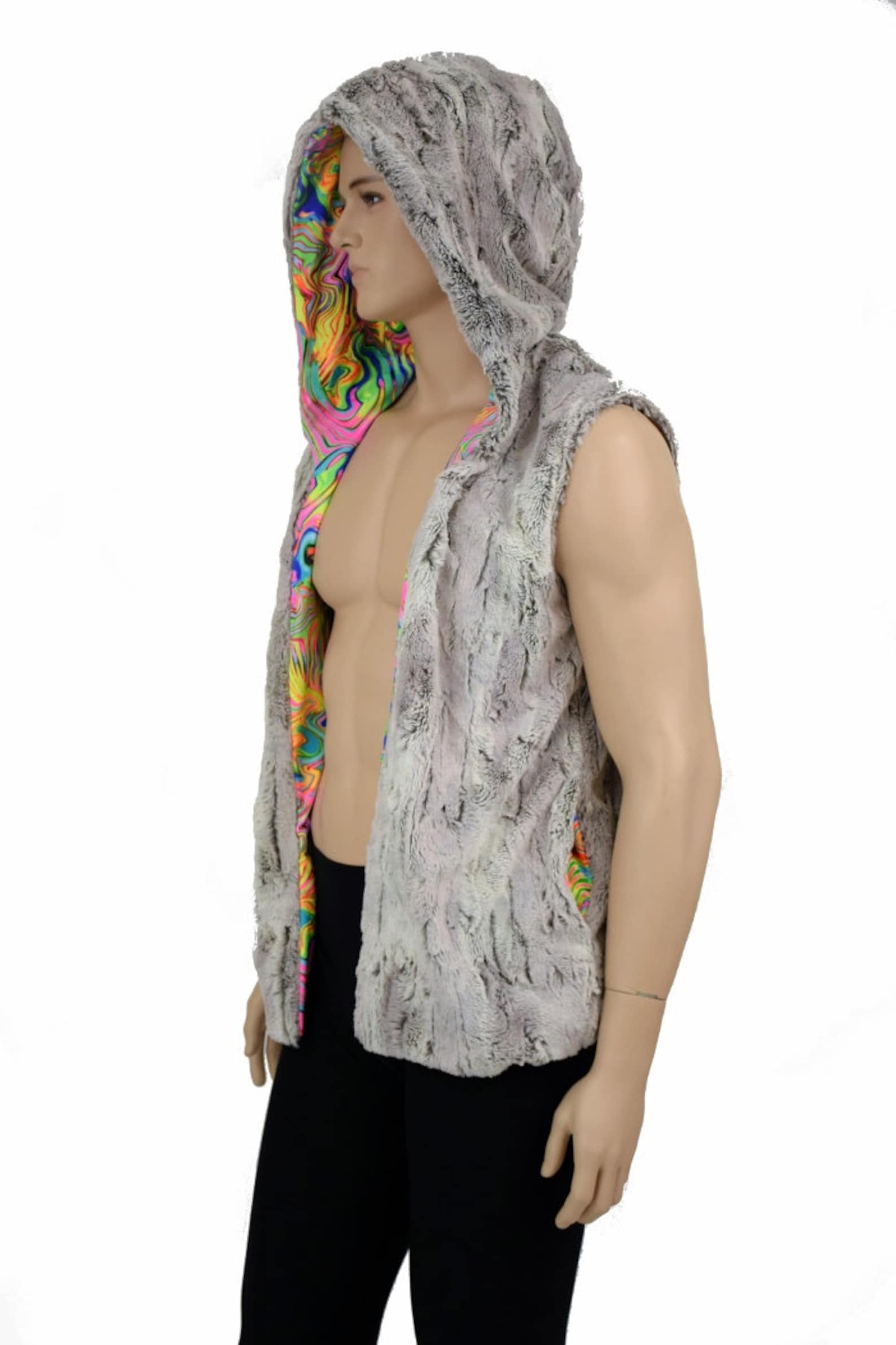Mens Open Front Hooded Reversible Vest in Minky Sterling Faux Fur & UV ...