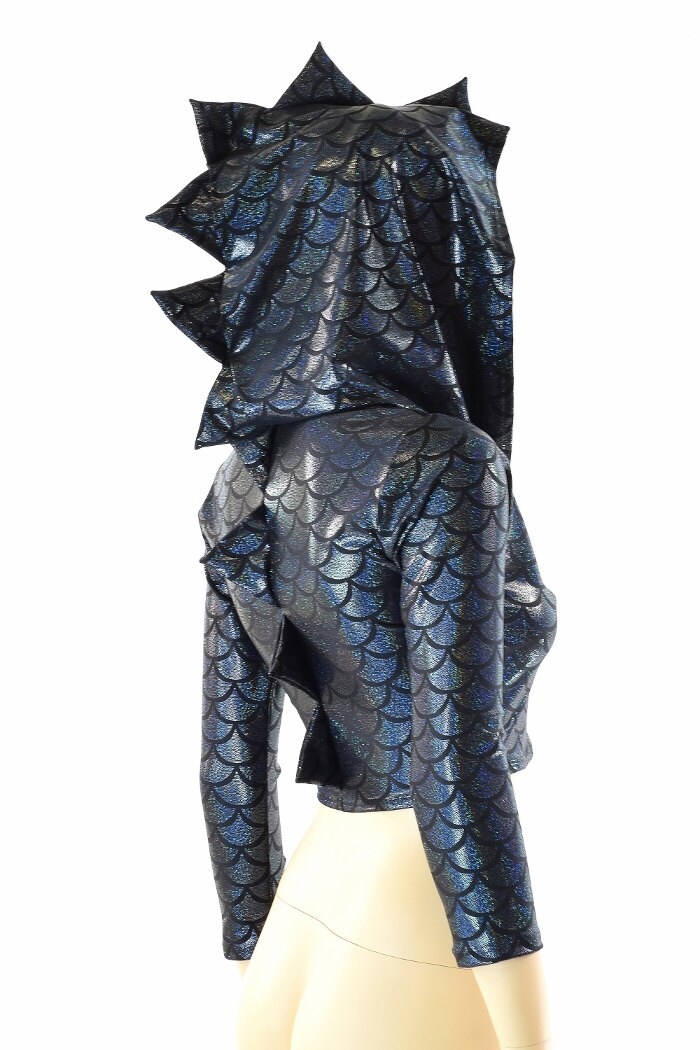 Black Holographic Dragon Scale Spiked 3/4 Sleeve Crop Hoodie | Etsy