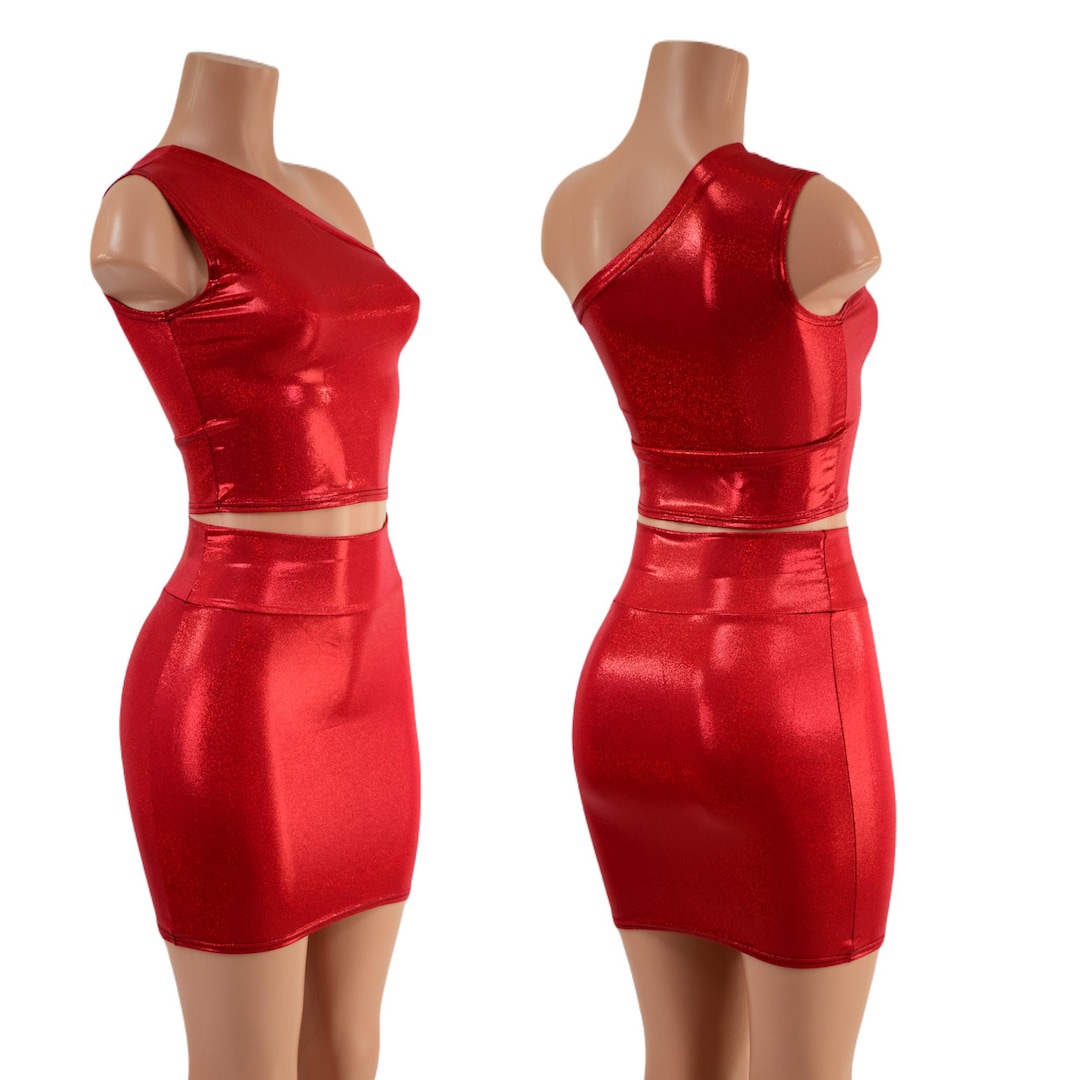 Red Sparkly Jewel One Shoulder Crop Top & Bodycon Skirt Set - Etsy