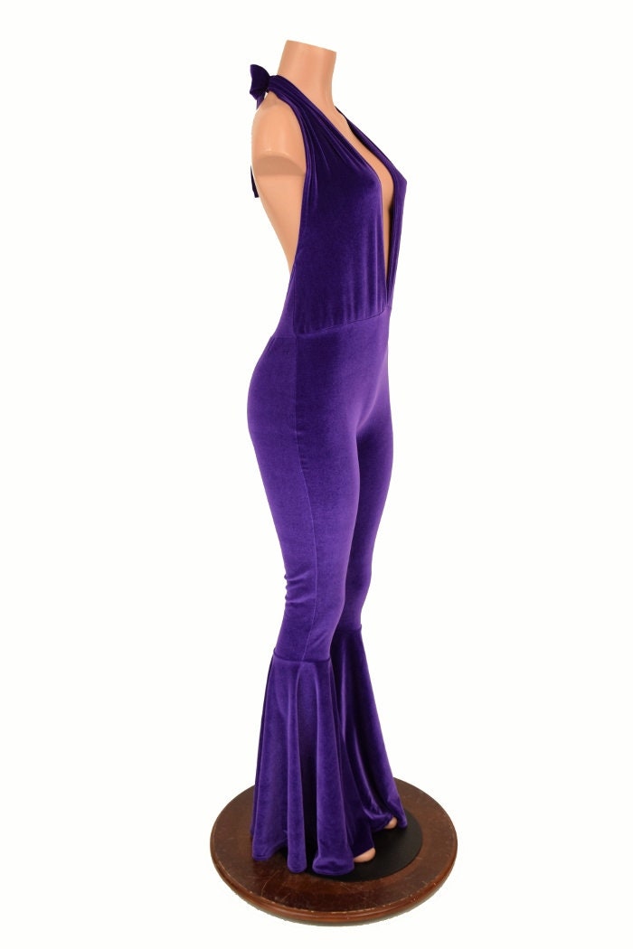 Purple Velvet "josie" Halter Catsuit With Bell Bottom Flares - - Etsy