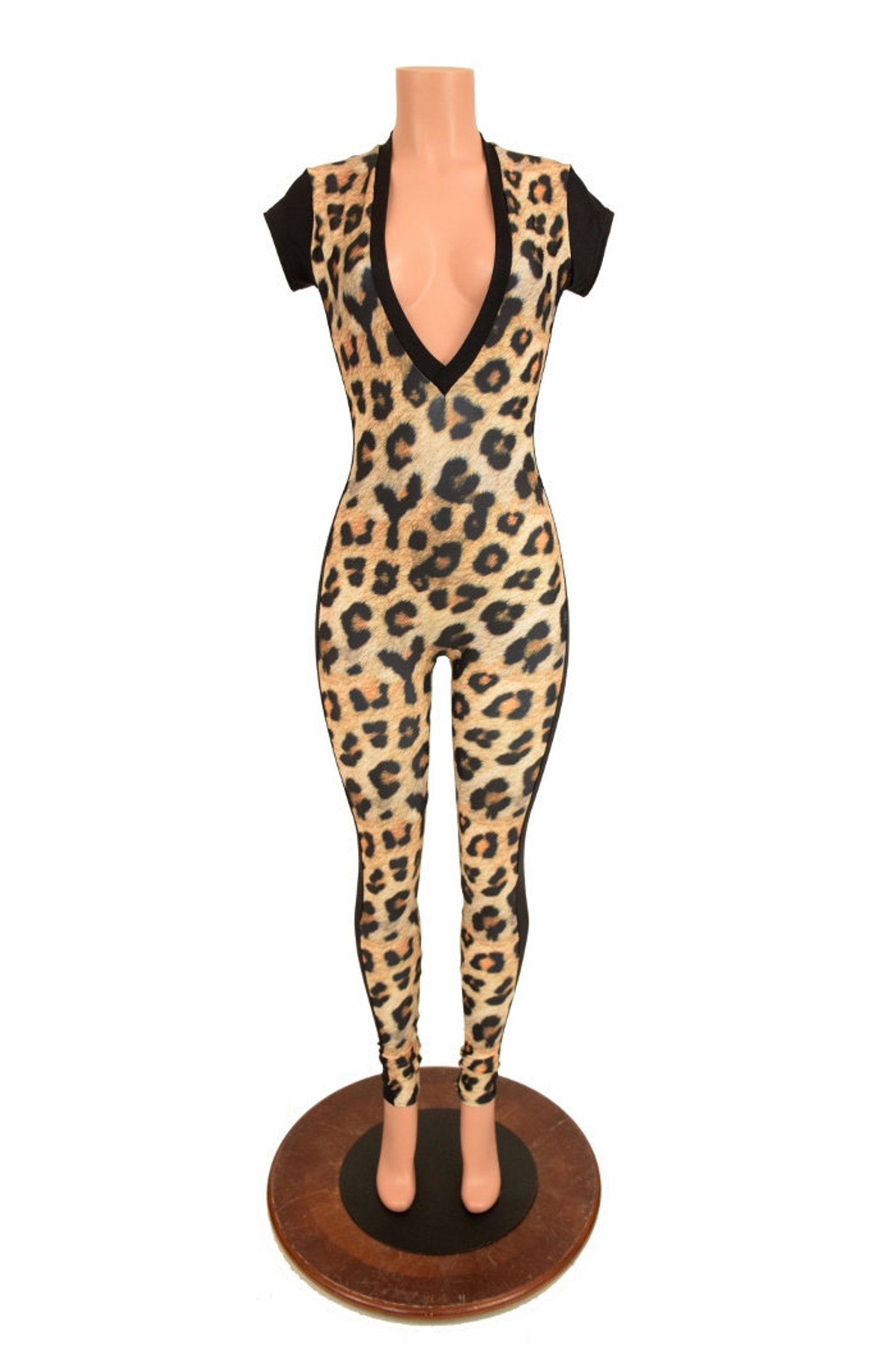 Leopard Print Catsuit With Black Mystique Cap Sleeves, Deep Plunging V ...