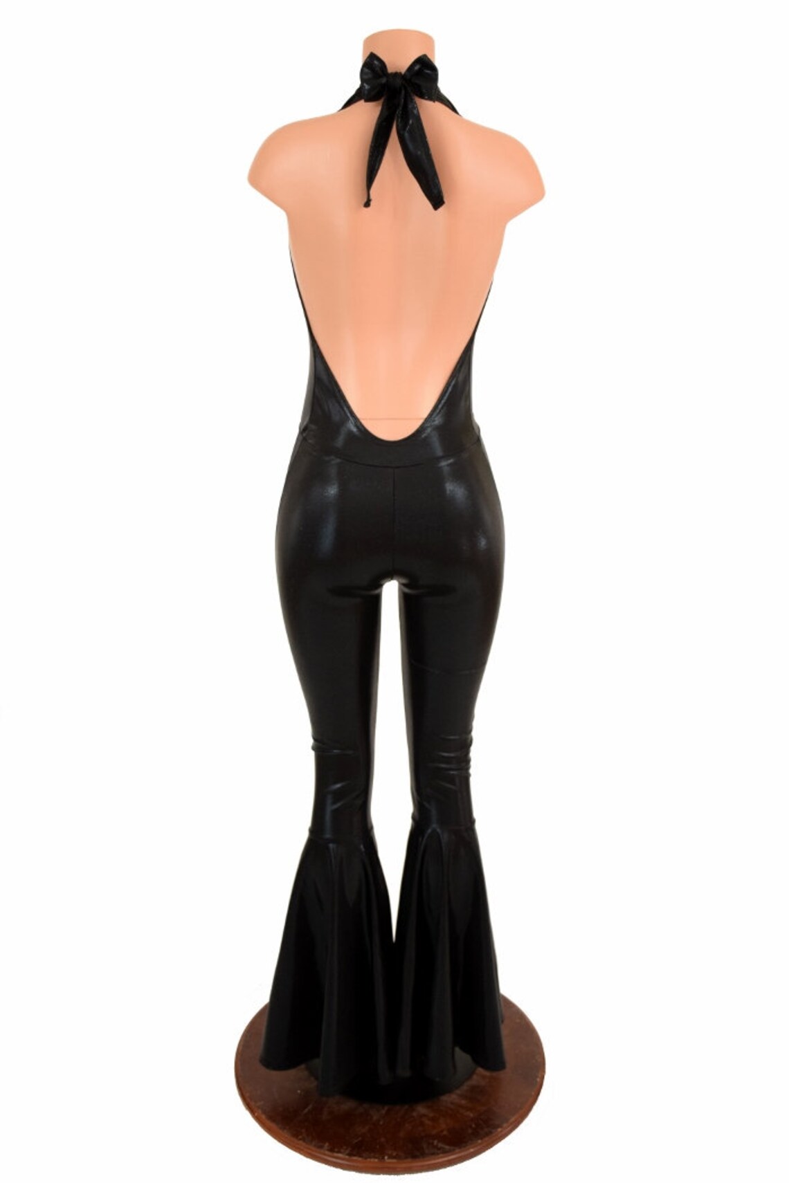 Black Mystique Metallic "josie" Halter Catsuit With Bell Bottom Flares ...