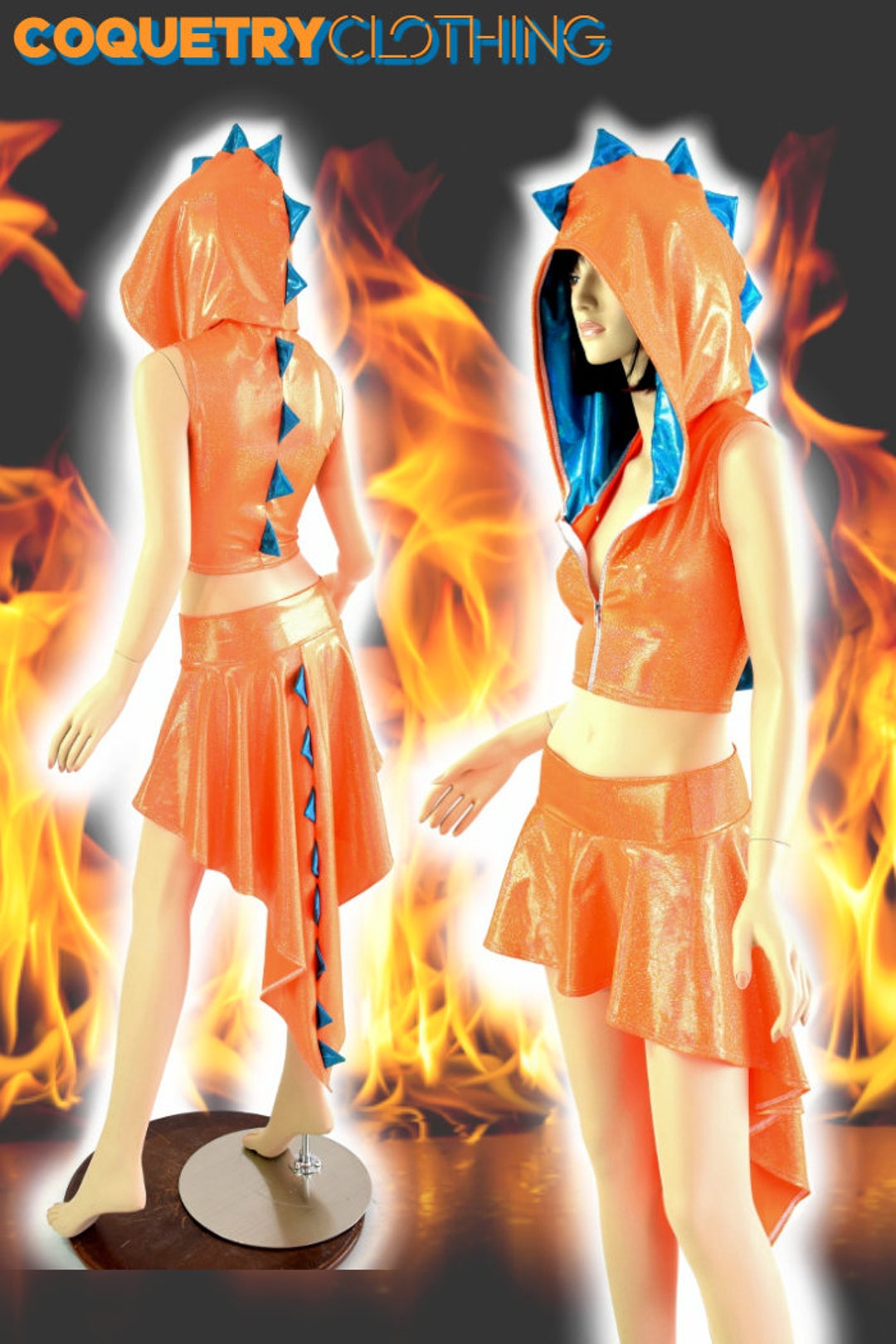 2PC Orange Sparkly Jewel Dragon Zipper Front Sleeveless Crop Hoodie ...