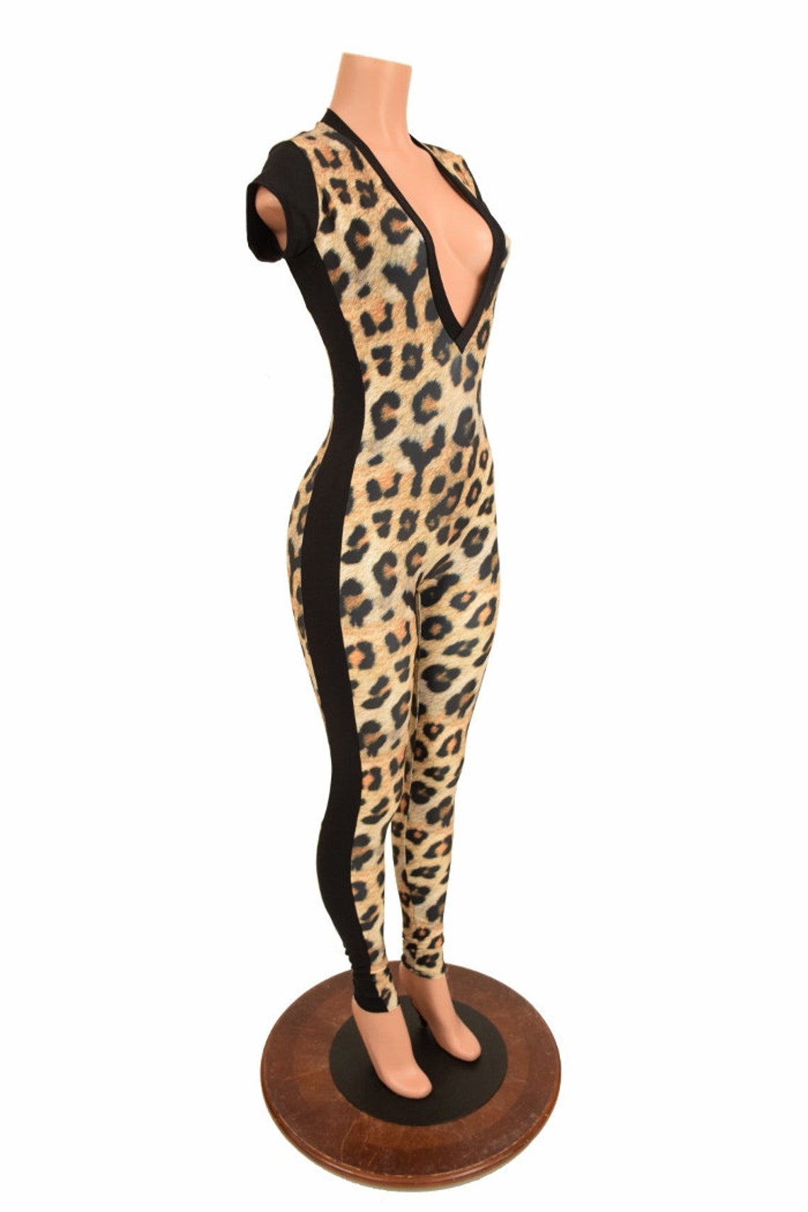 Leopard Print Catsuit With Black Mystique Cap Sleeves Deep - Etsy