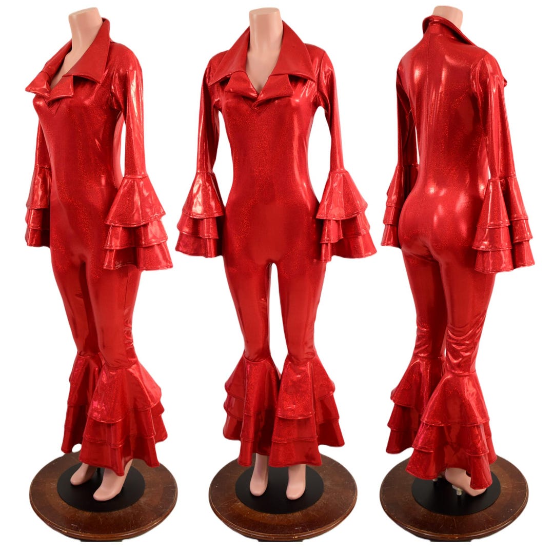 Dancing Queen Red Sparkly Jewel Catsuit With Showtime Collar, Triple ...