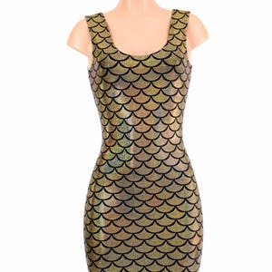 Gold Mermaid Scale Holographic Bodycon Clubwear Dress With Tank ...